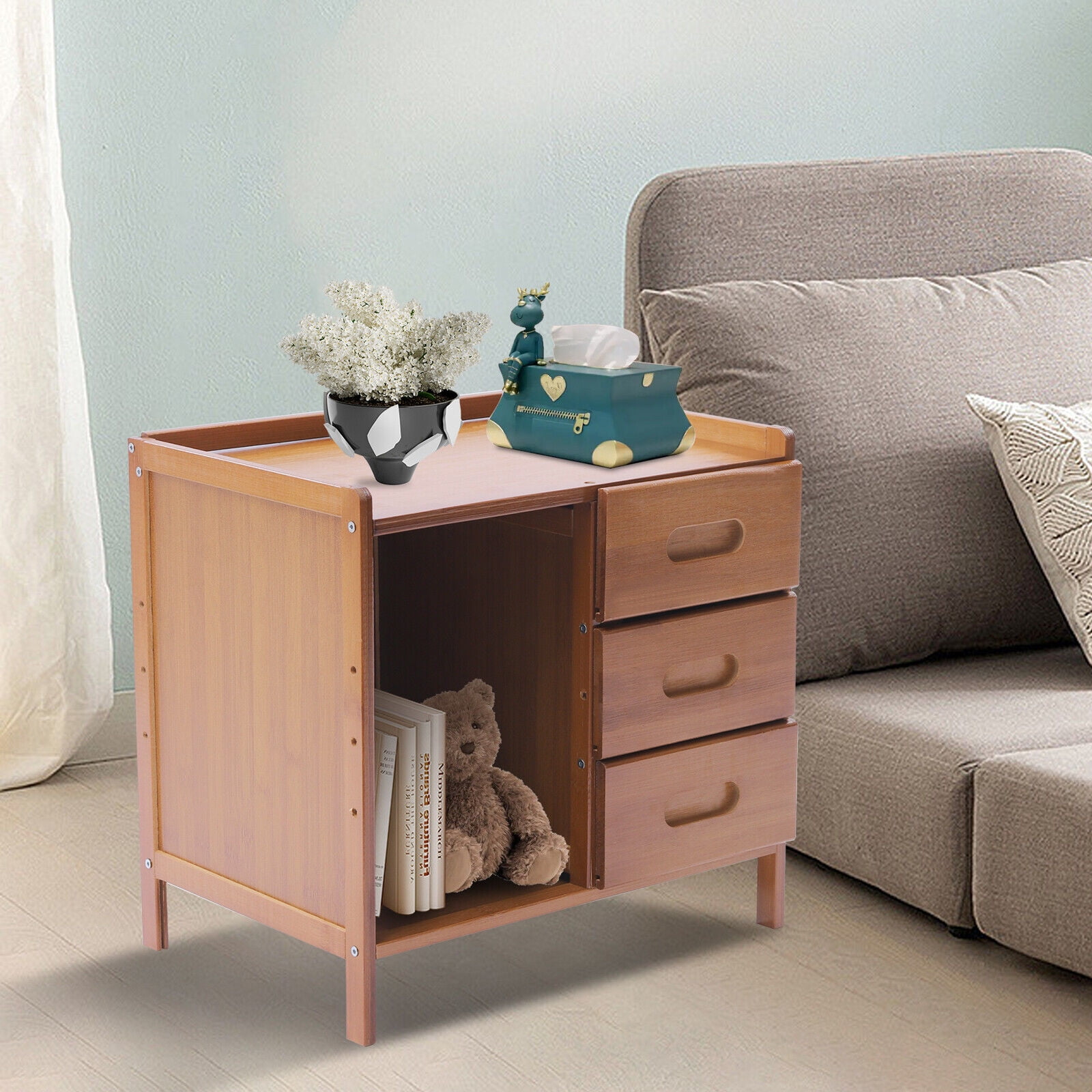 Miumaeov Nightstand with 3 Drawers Open Shelf Bamboo Bedside Table ...