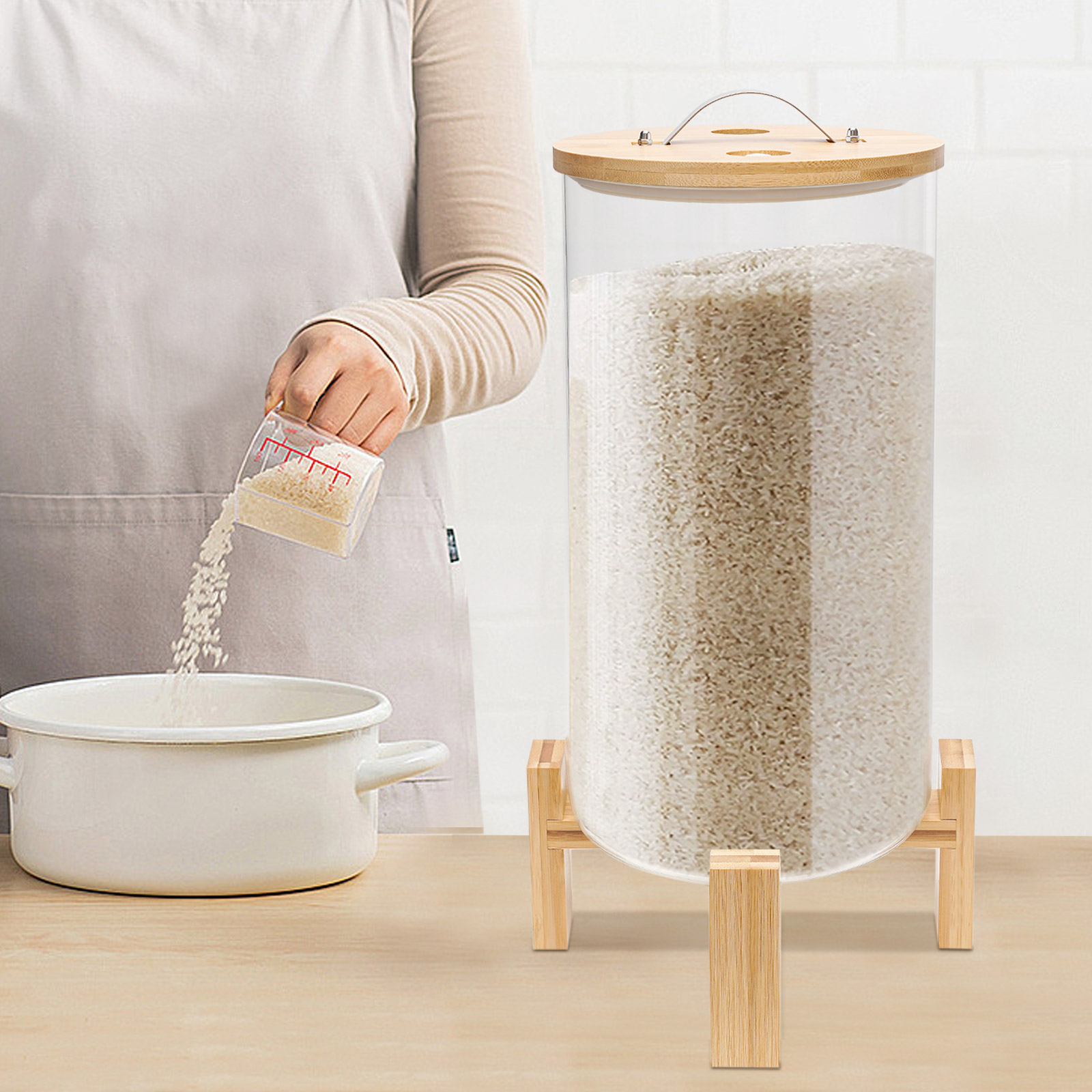 Miumaeov Rice Dispenser Clear Glass Rice Airtight Dispenser with Stand ...