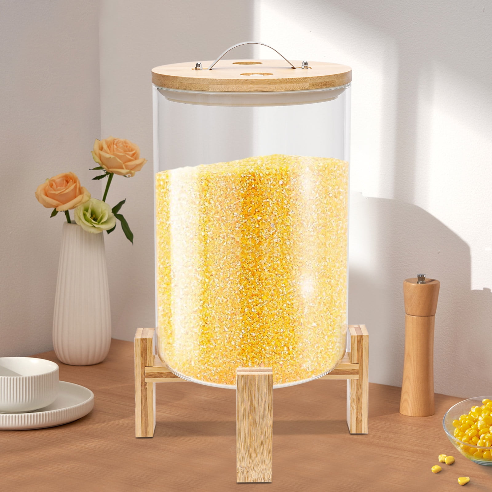 Miumaeov Rice Dispenser Clear Glass Rice Airtight Dispenser with Stand ...