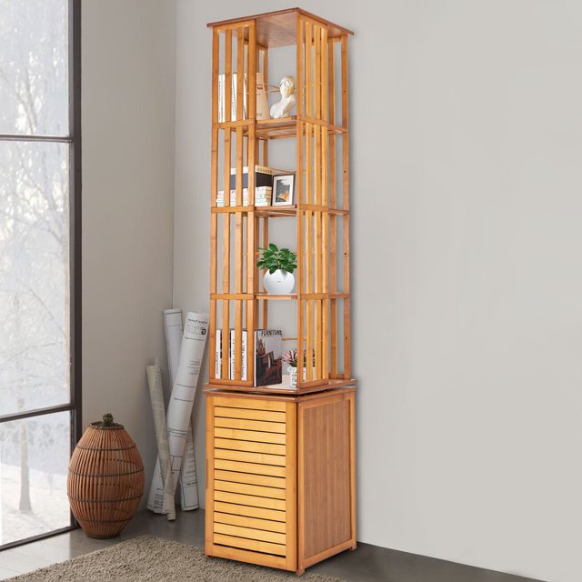 Miumaeov Rotating Bookshelf 6-Tier Bamboo Corner Storage Display Rack ...