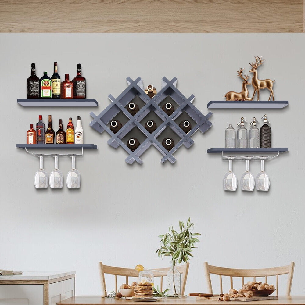 Miumaeov Set of 5 Wall Mounted Wood Wine Rack for 8 Bottles Wine ...