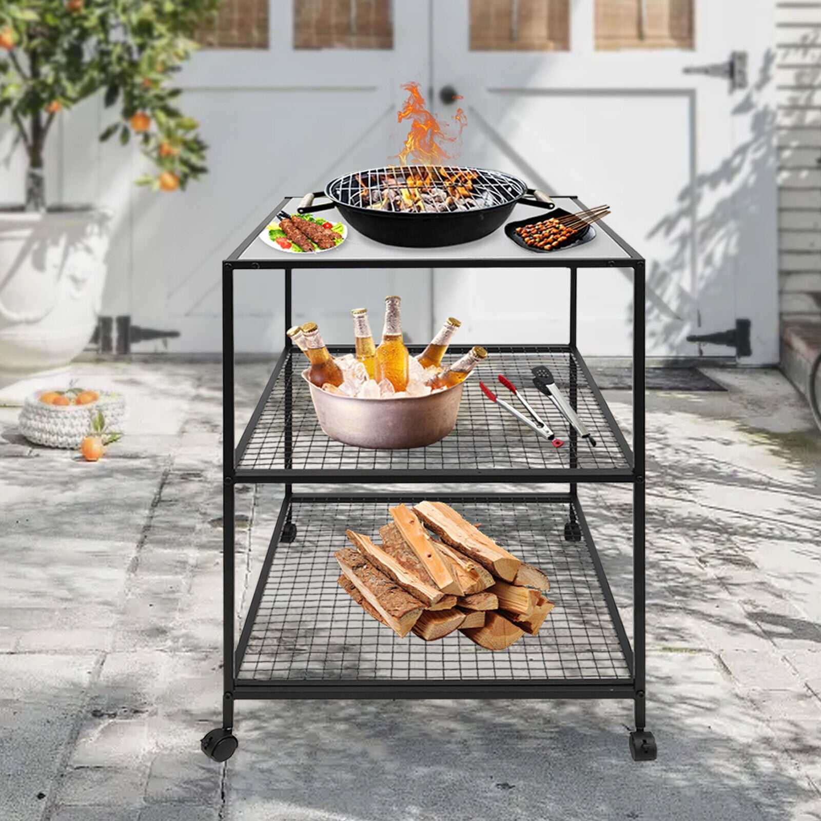 Miumaeov Stainless Steel Outdoor Grill Cart 3-Tier Movable Cart Table ...