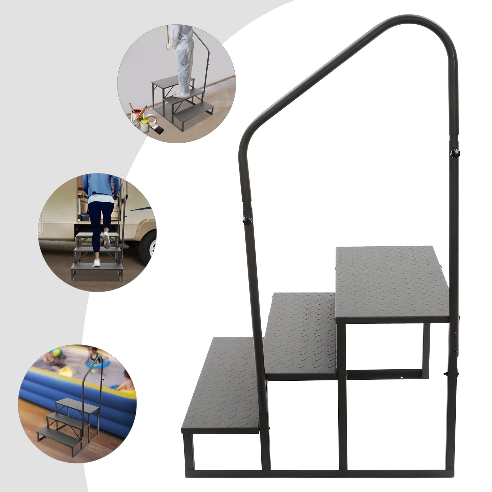 Miumaeov Steel Step Ladder Porch Steps w/ Handrails Portable Step Stool ...