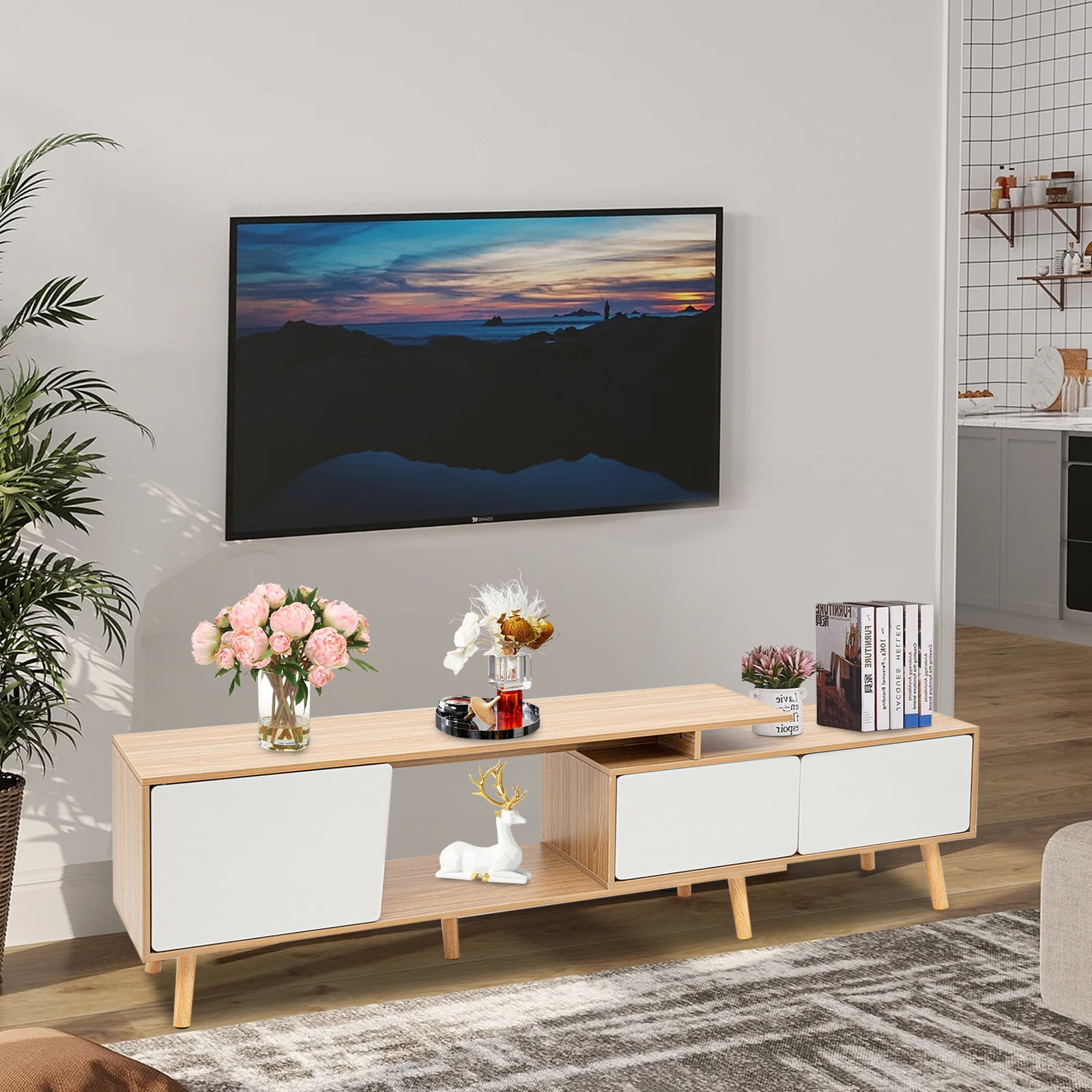 Miumaeov TV Stand Farmhouse Wooden Large TV Console with 3 Door Low ...