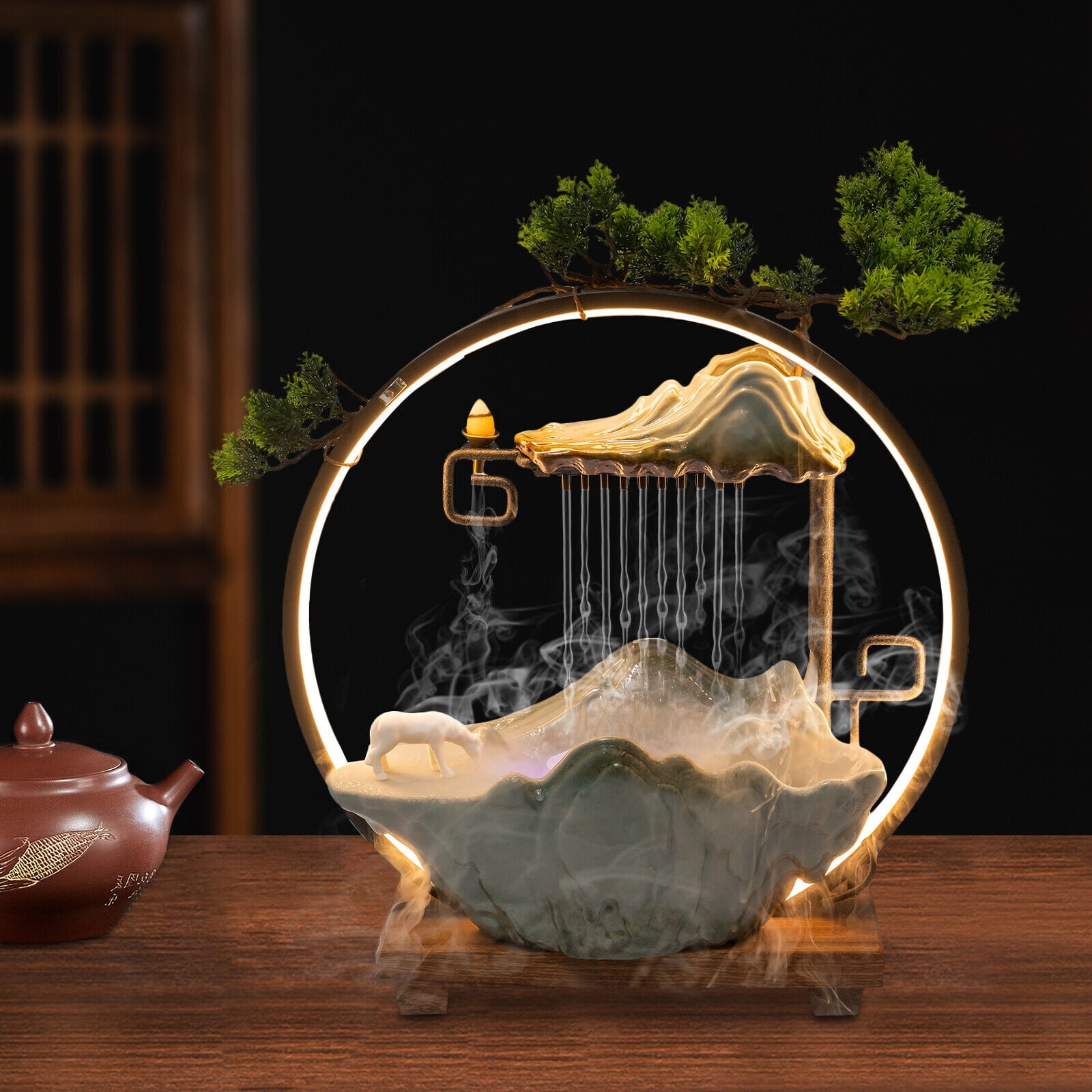 Miumaeov Tabletop Water Fountain Indoor Waterfall with Round LED Light ...