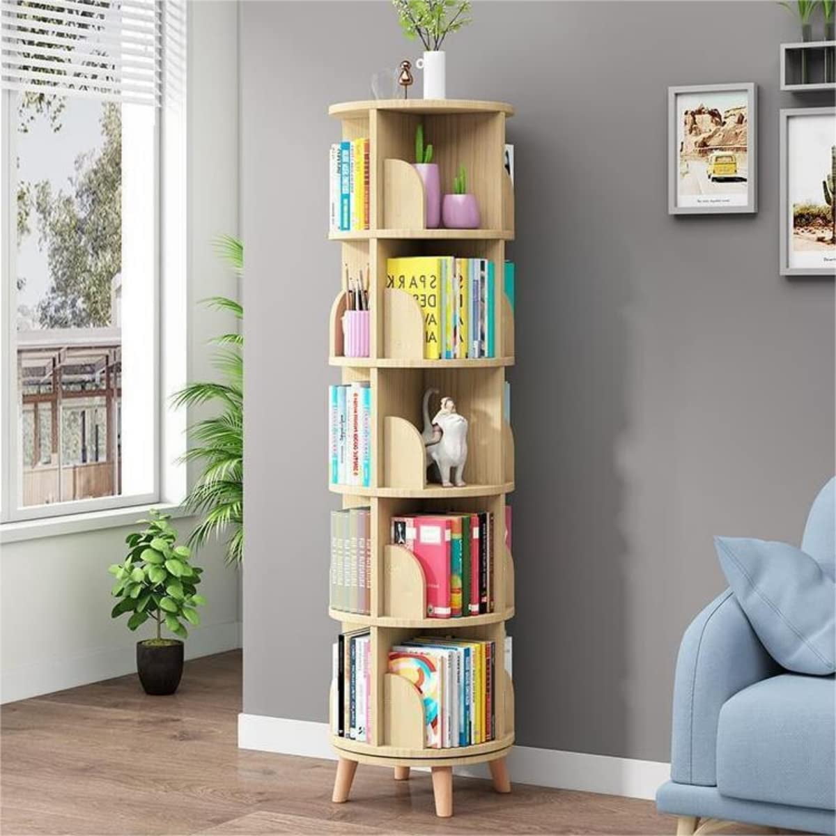 Miumaeov 5 Tier Spinning Bookshelf with Legs, Stackable Wooden Storage ...