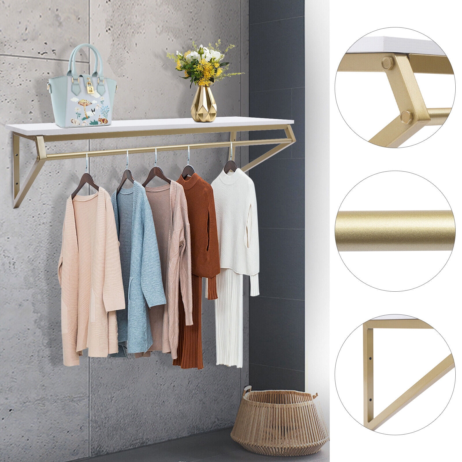 Miumaeov Wall Mounted Clothes Rack with Top Shelf Coat Hanger Garment ...