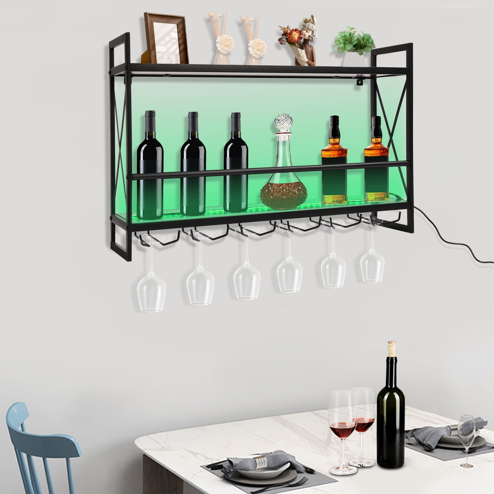Miumaeov Wall Mounted LED Wine Racks 2-Tiers 31.5" Industrial Metal ...