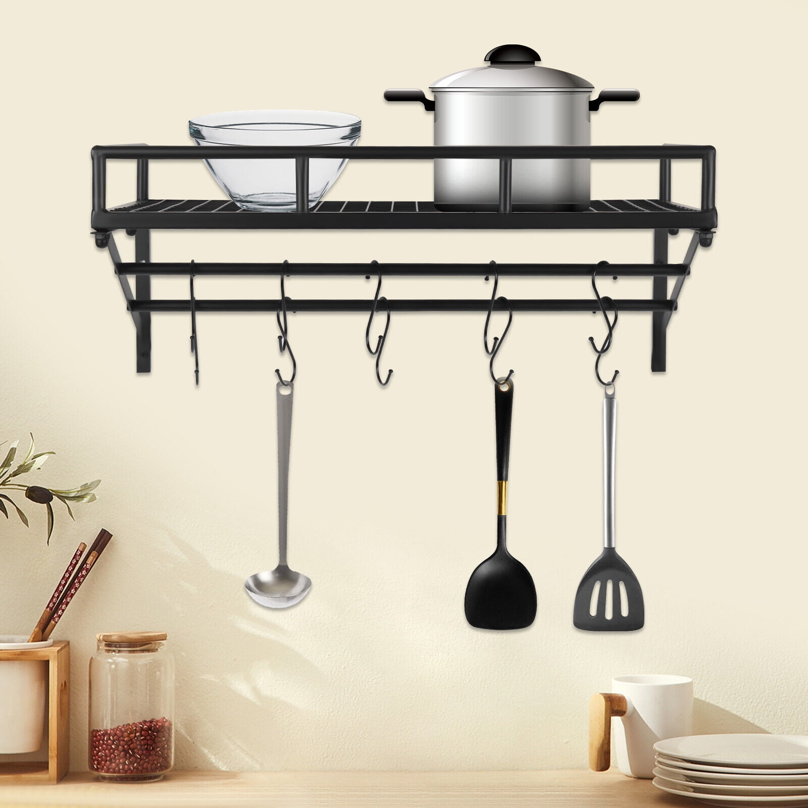 Miumaeov Wall Mounted Pot Rack 24 Inch Pot Rack Storage Shelf with 2 ...