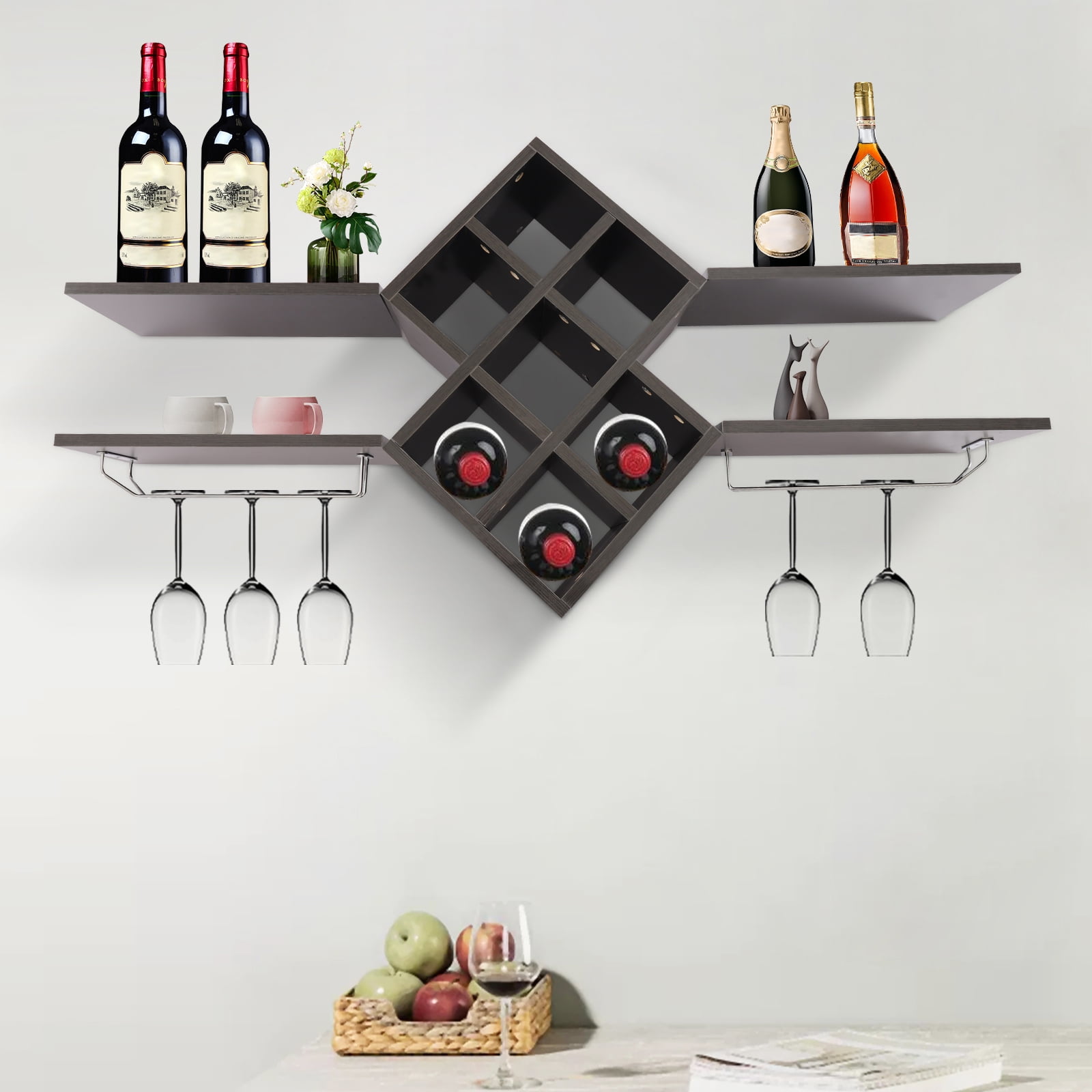Miumaeov Wall-Mounted Wine Rack, Two-layer Storage Shelf with Glass Cup ...
