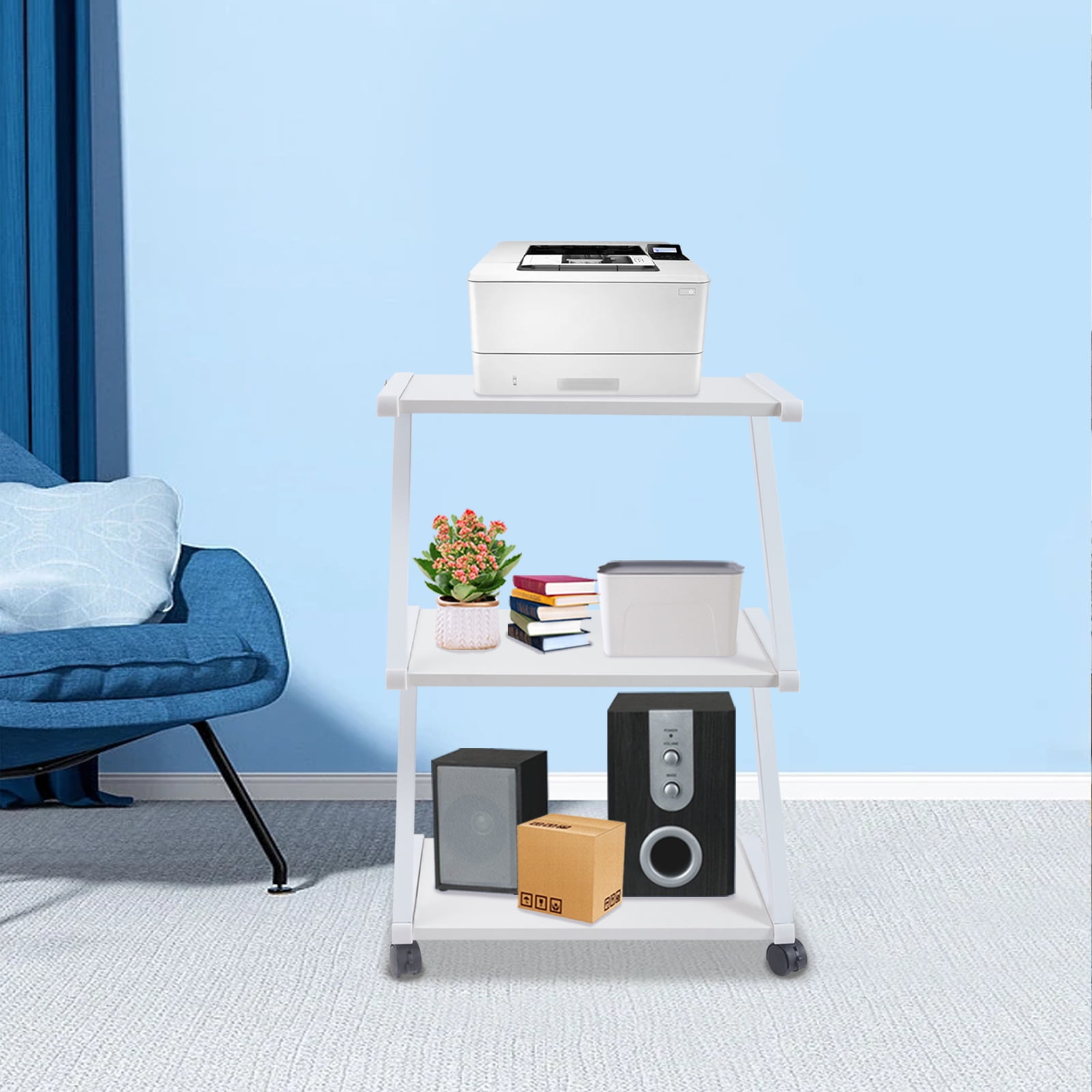 Miumaeov 3-Tier Mobile Printer Stand, White Wood & Metal Frame, Office ...