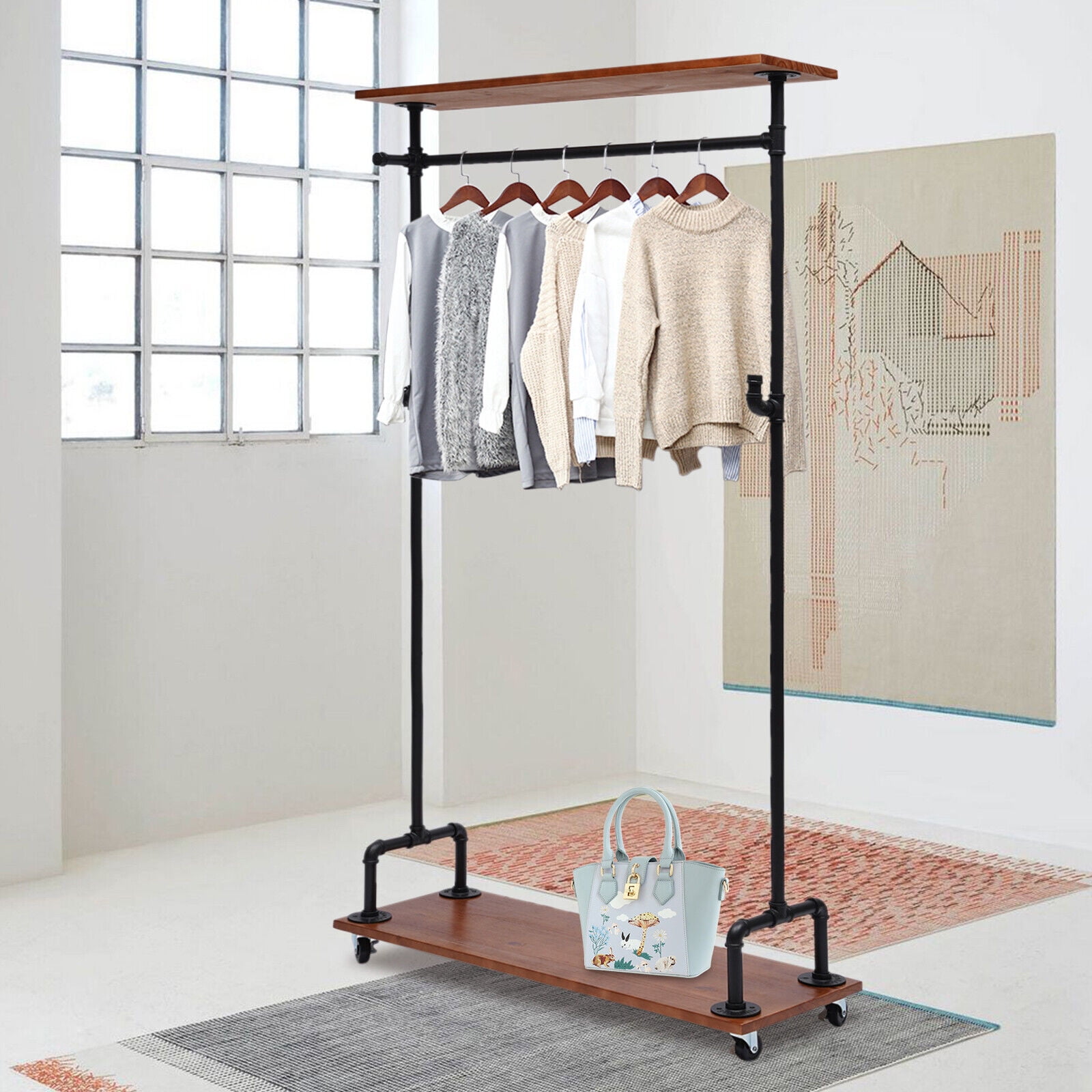 Miumaeov Wood Garment Rack Clothes Storage Rack w/ Wheels Clothing ...