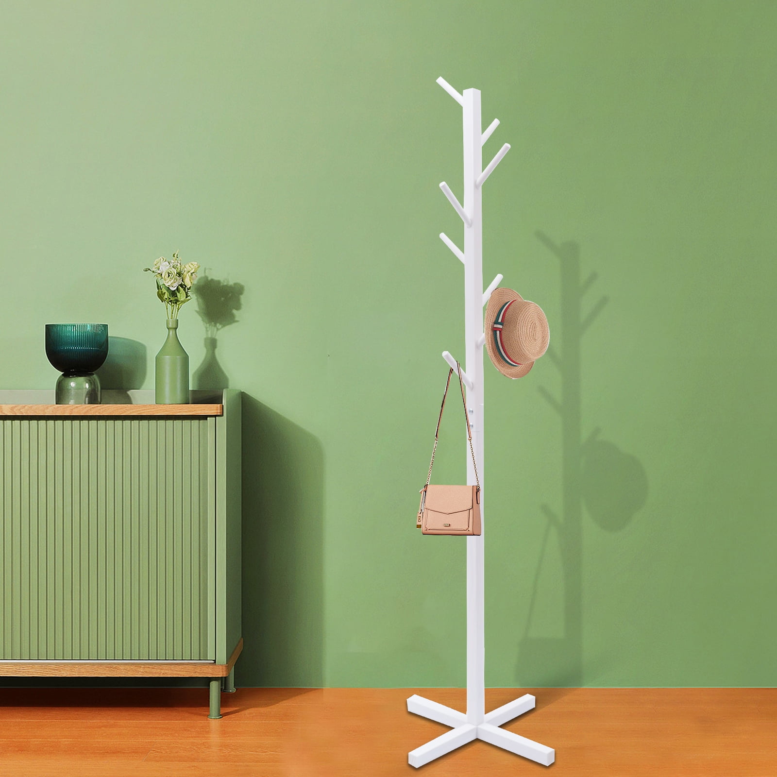 Miumaeov Wooden Coat Rack Stand Tree with 8 Hooks, Freestanding, Easy ...