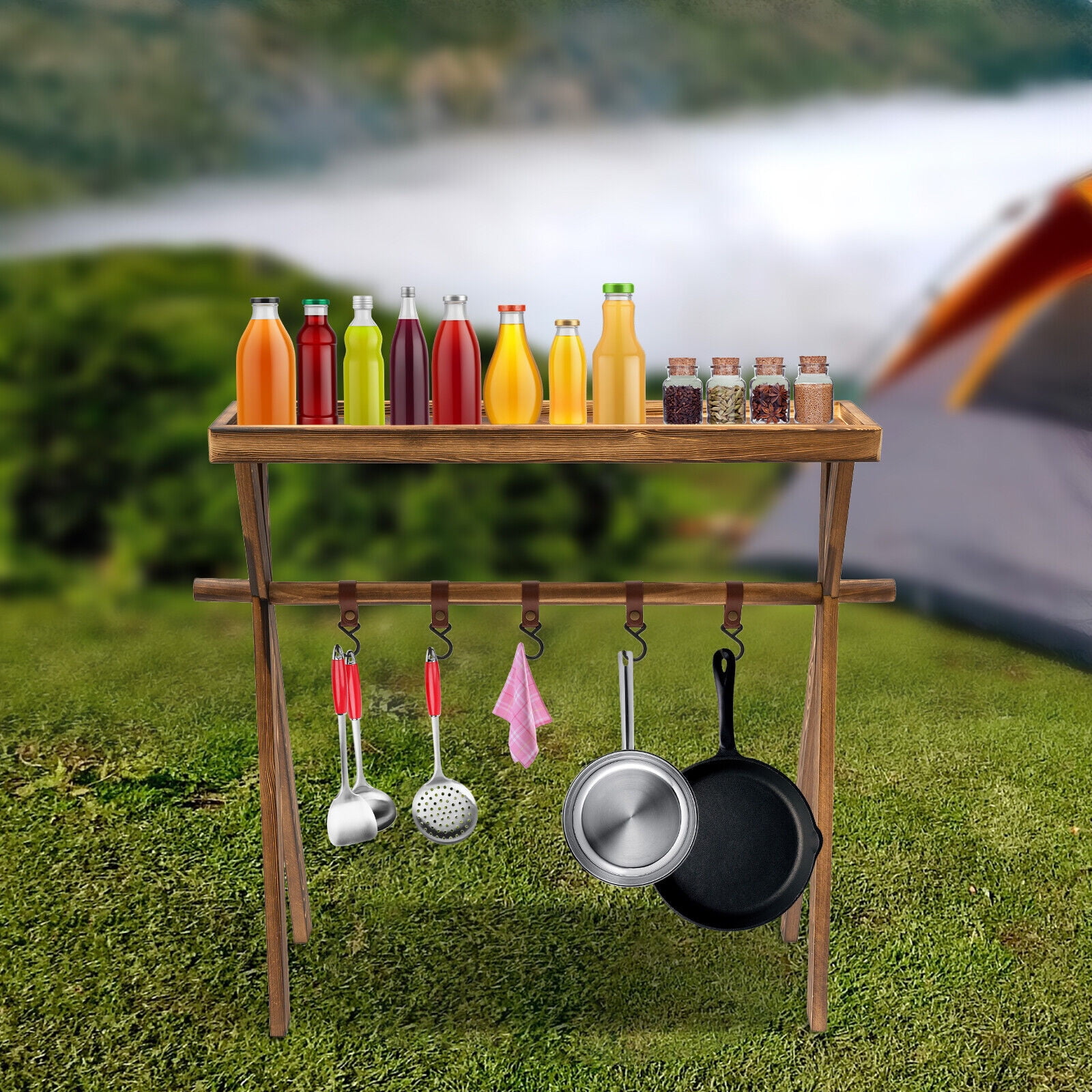 Miumaeov Wooden Picnic Rack, Portable BBQ Grill Shelf, Outdoor Camping ...