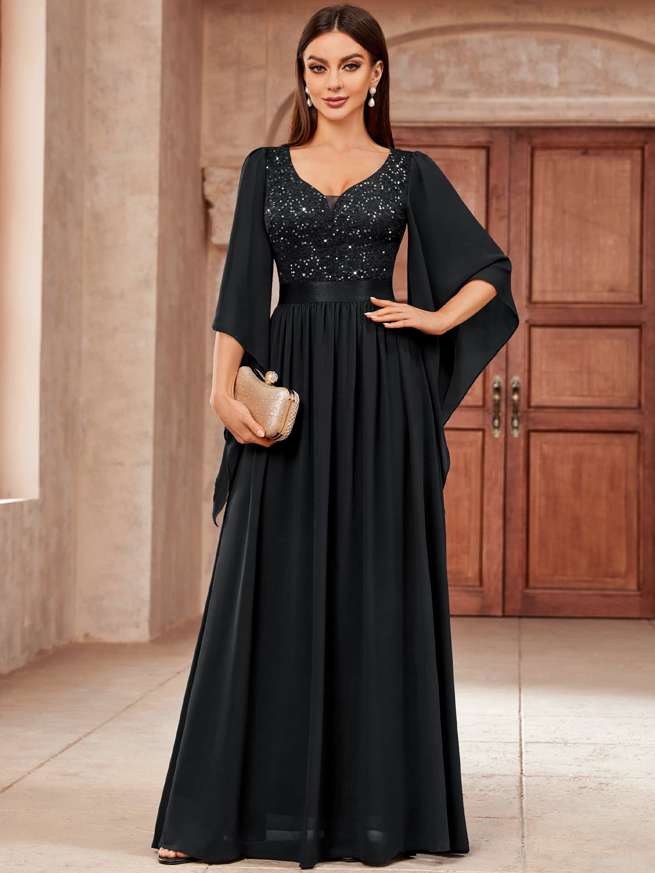 Miusol Women's Deep-V Neck Lace Contrast Sequin 3/4 Sleeve Formal ...