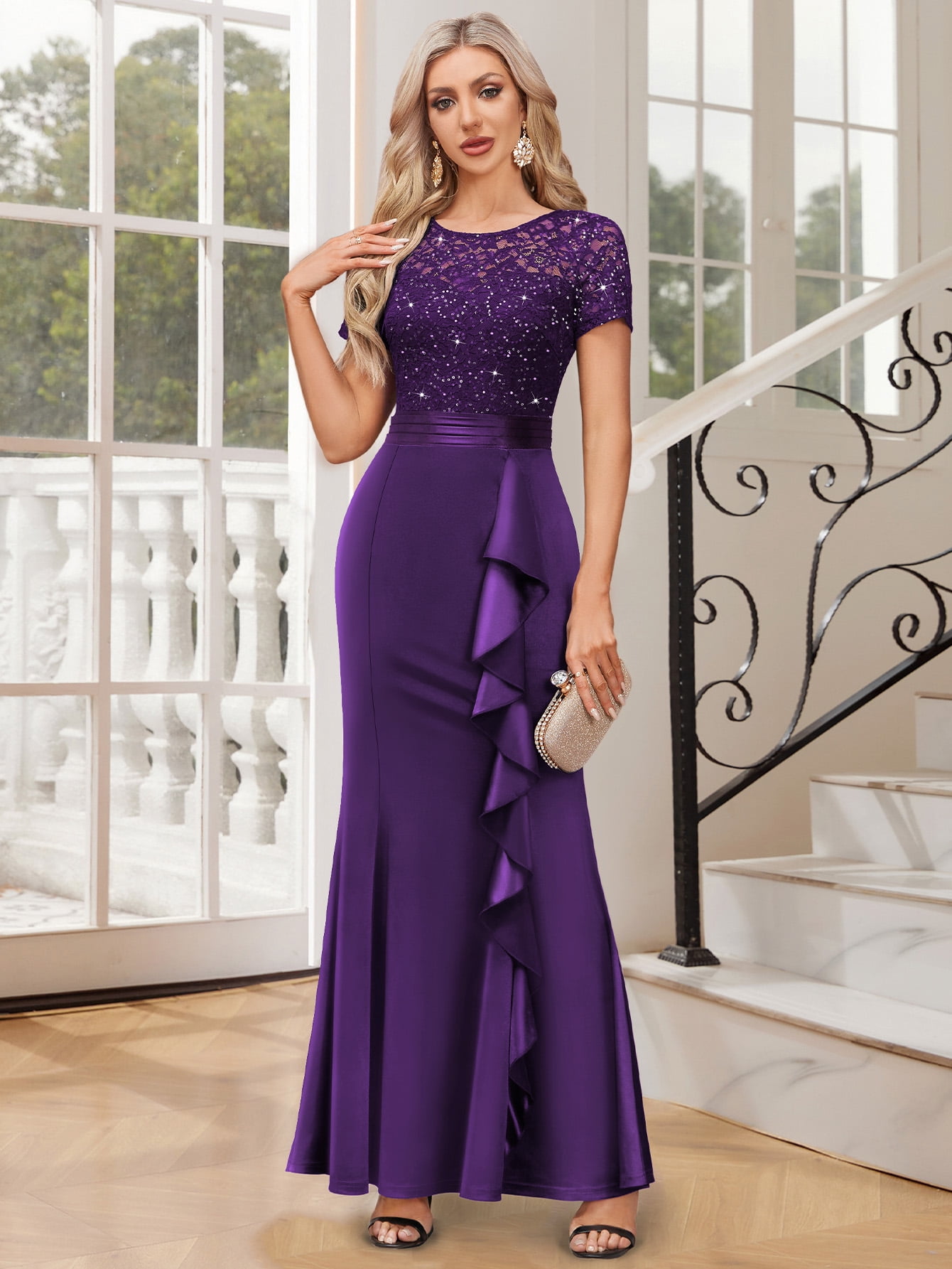 Miusol Elegant Sequin Lace Ruffle Trim Mermaid Hem Satin Evening Dress ...