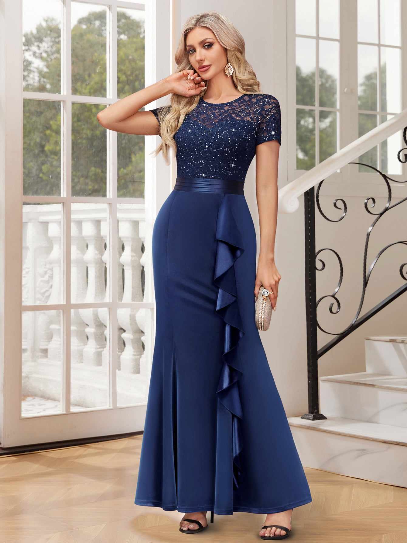 Miusol Elegant Sequin Lace Ruffle Trim Mermaid Hem Satin Evening Dress ...