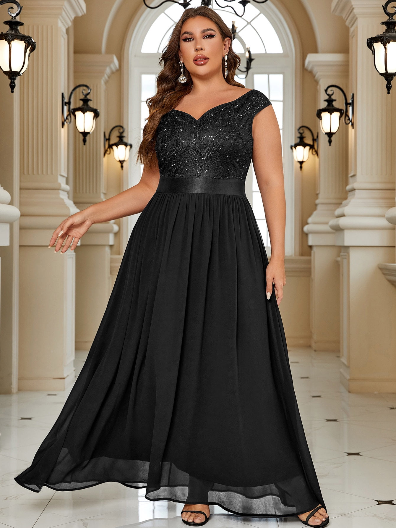 Miusol Plus Size Sweetheart Neck Sequin Insert Contrast Lace Chiffon ...