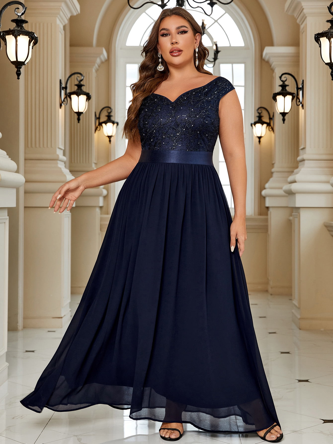 Miusol Plus Size Sweetheart Neck Sequin Insert Contrast Lace Chiffon ...