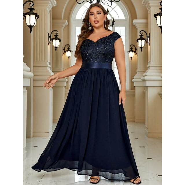 Miusol Plus Size Sweetheart Neck Sequin Insert Contrast Lace Chiffon ...