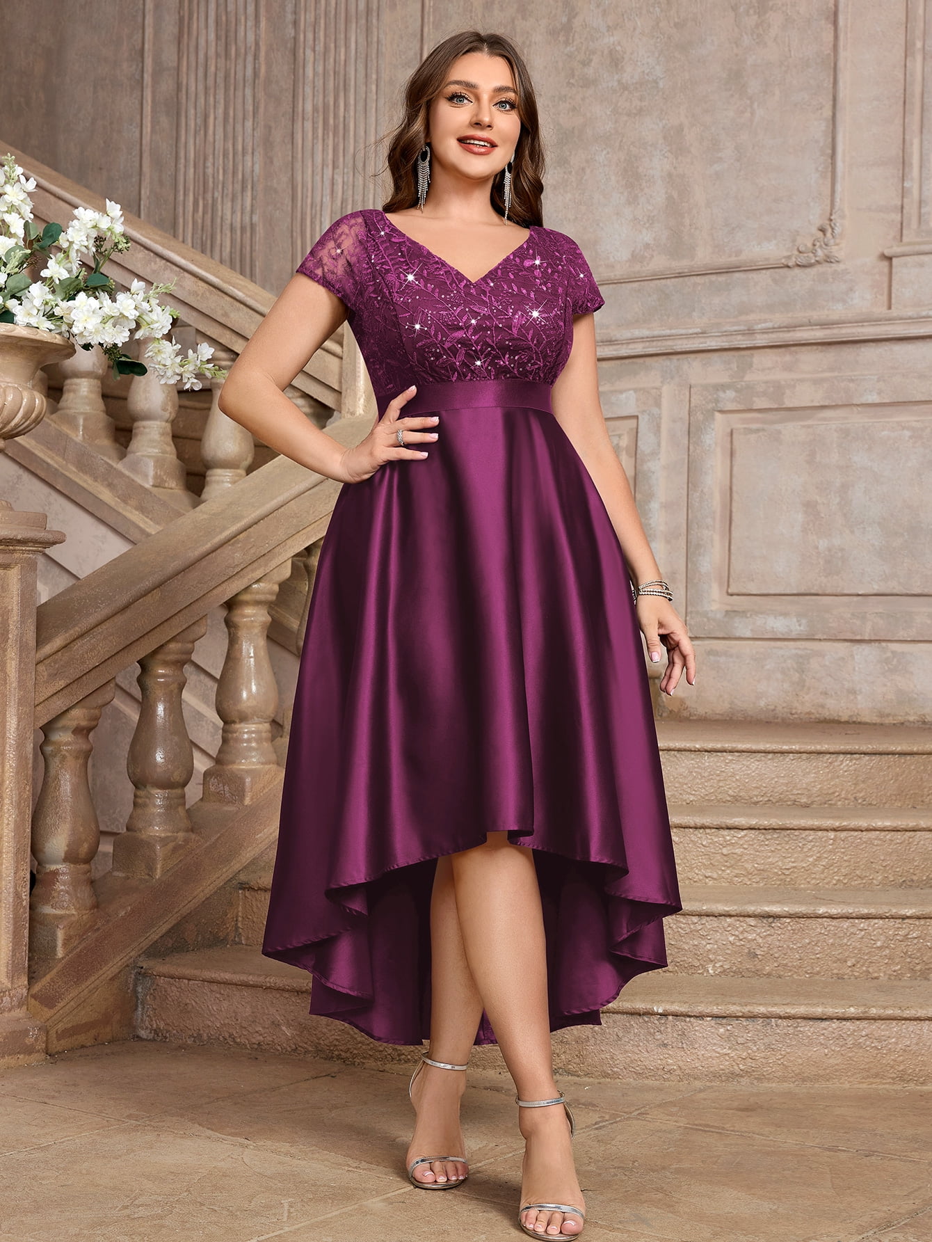 Miusol Plus Size V-Neck Lace Sequin Satin Contrast High-Low Evening ...