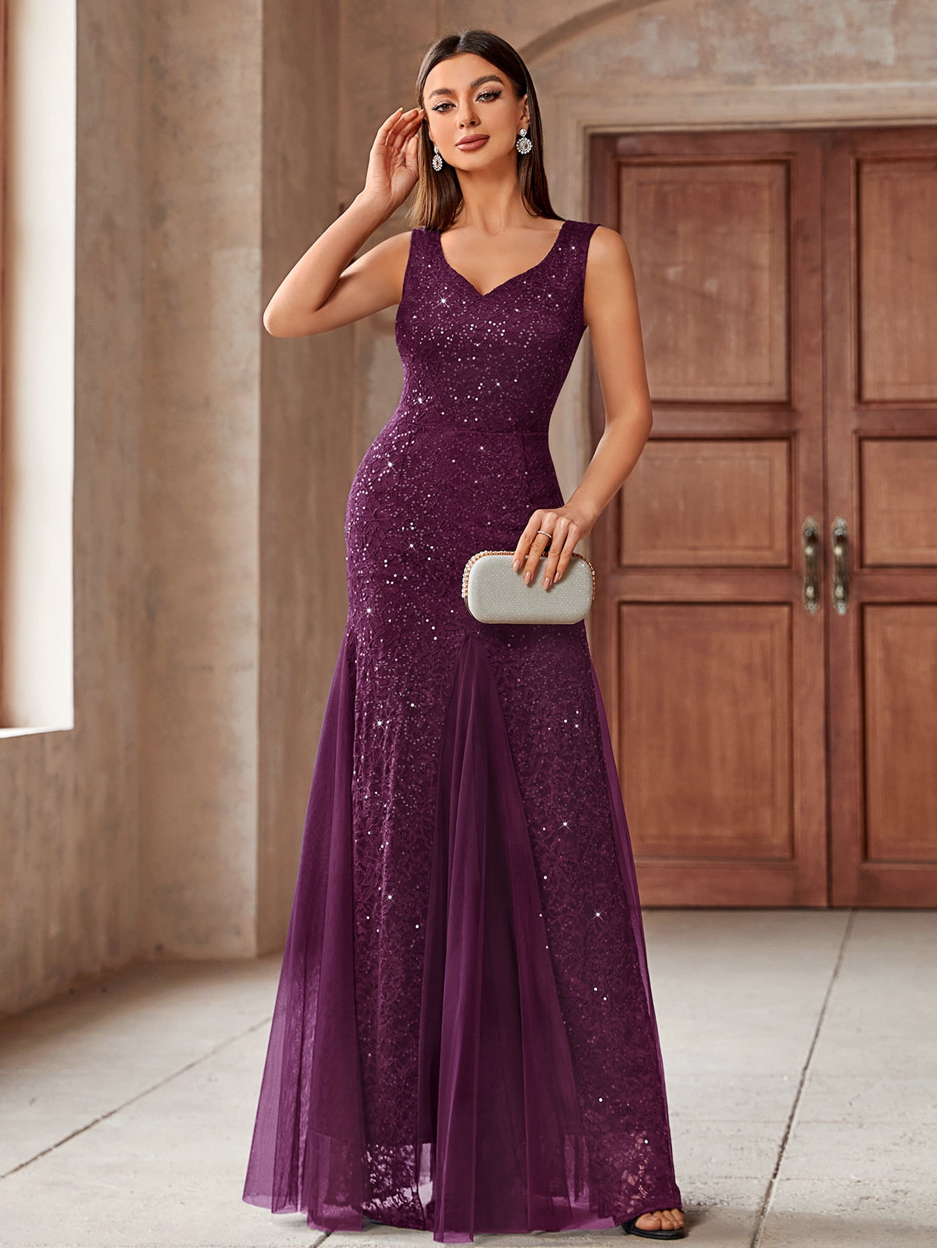 Miusol Sweetheart Neck Contrast Sequin Lace Mesh Mermaid Hem Evening ...