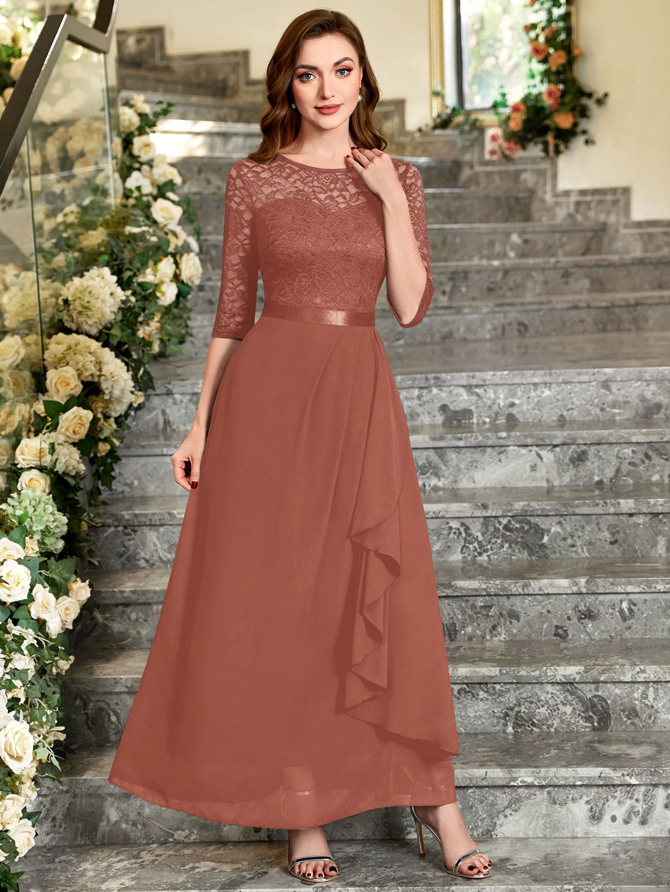 Miusol Women's Contrast Floral Lace Chiffon Ruffle Hem Formal Party ...