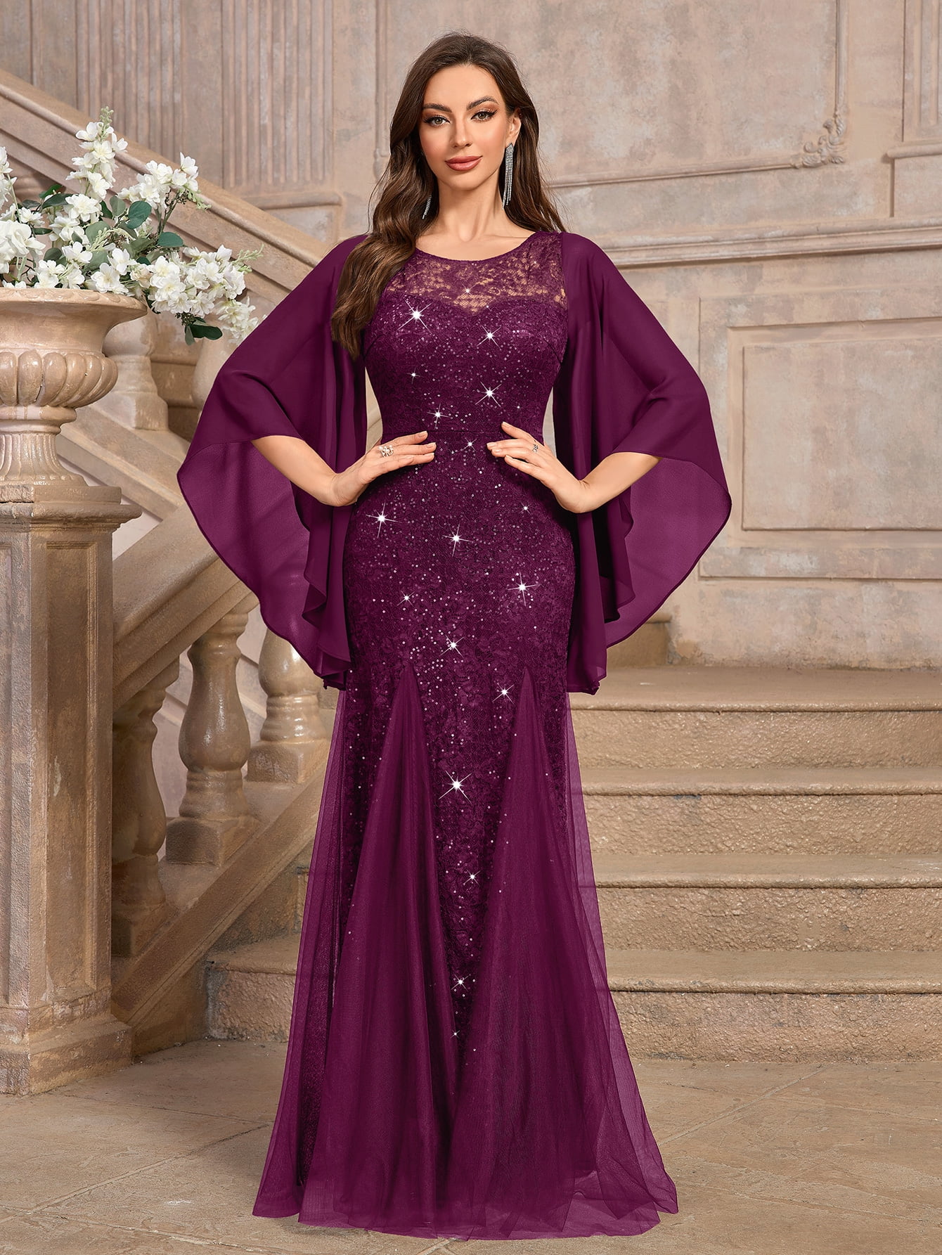 Miusol Women's Deep V-Neck Sequin Lace Mesh Ruffle Sleeve Evening Party ...