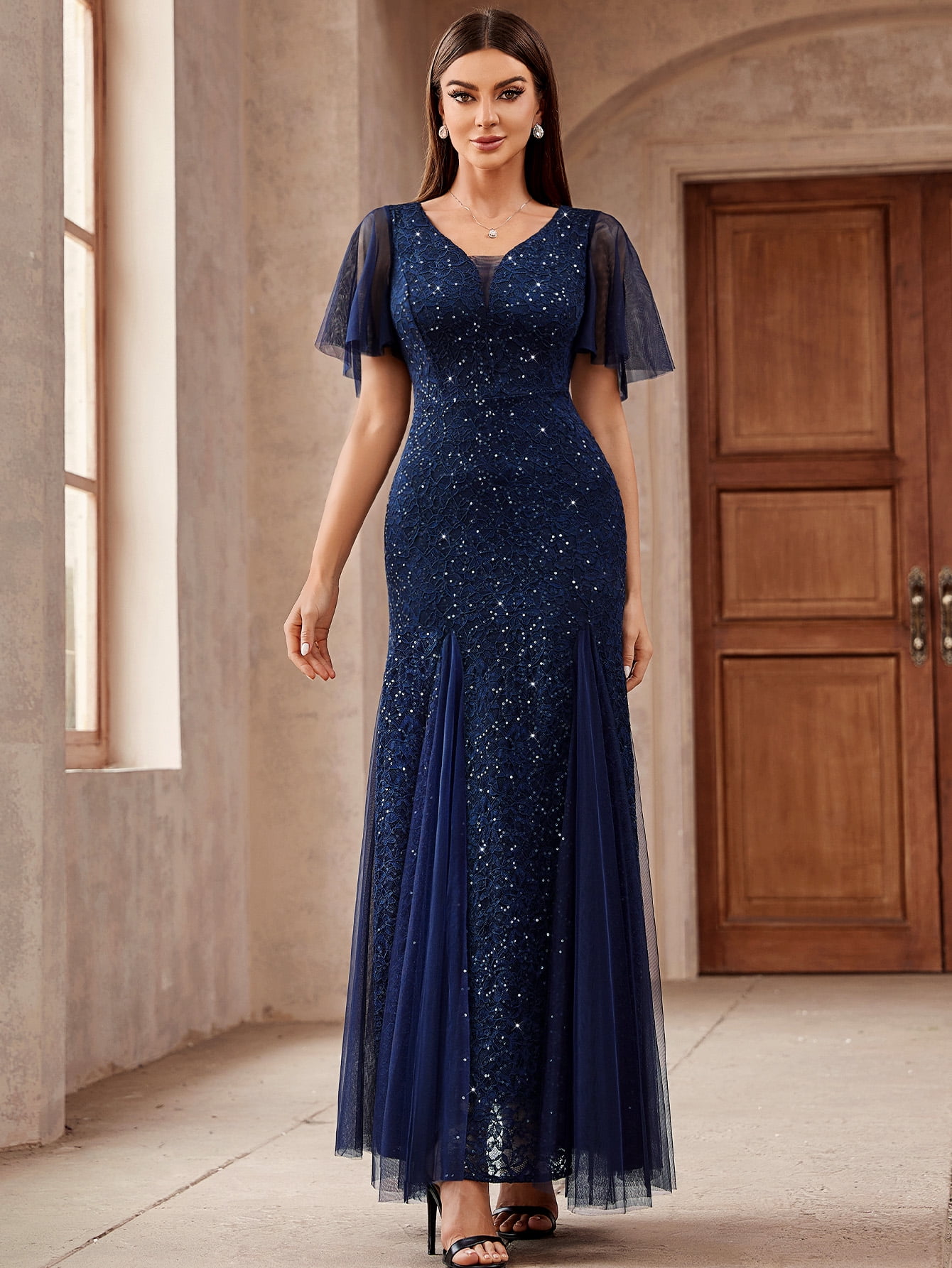 Miusol Women's Sequin Lace Deep V-Neck Tulle Mermaid Hem Maxi Dress ...
