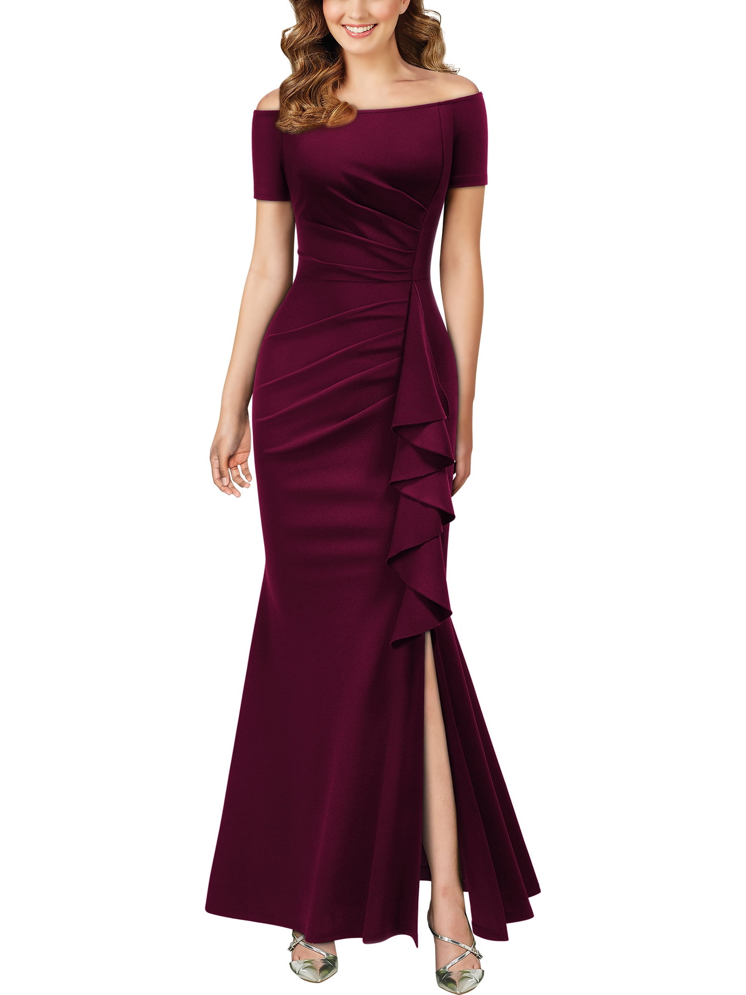 Miusol Women's Elegant Off-Shoulder Ruffle Trim Evening Maxi Dress ...