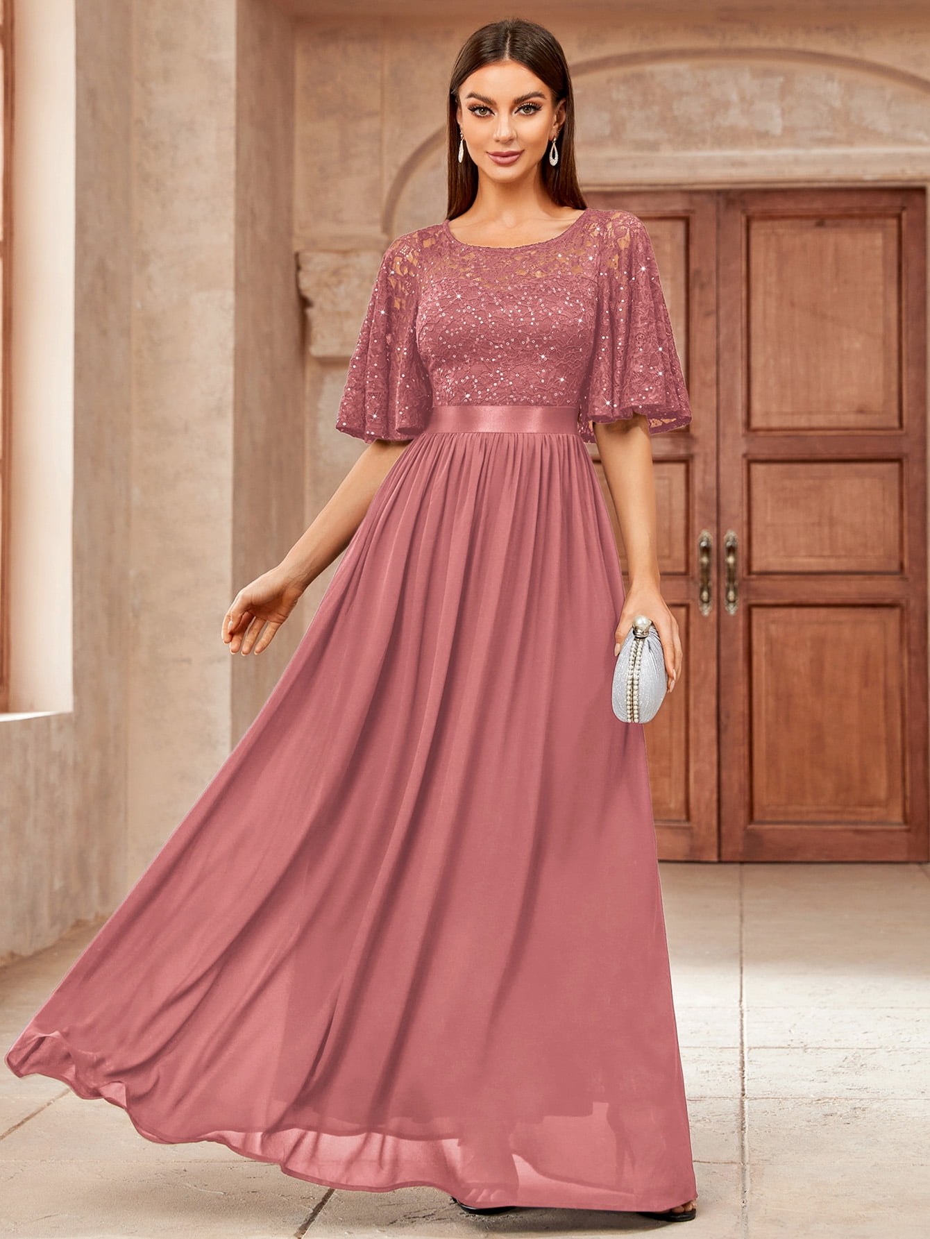 Miusol Women's Elegant Sequin Floral Lace Butterfly Sleeve Formal ...