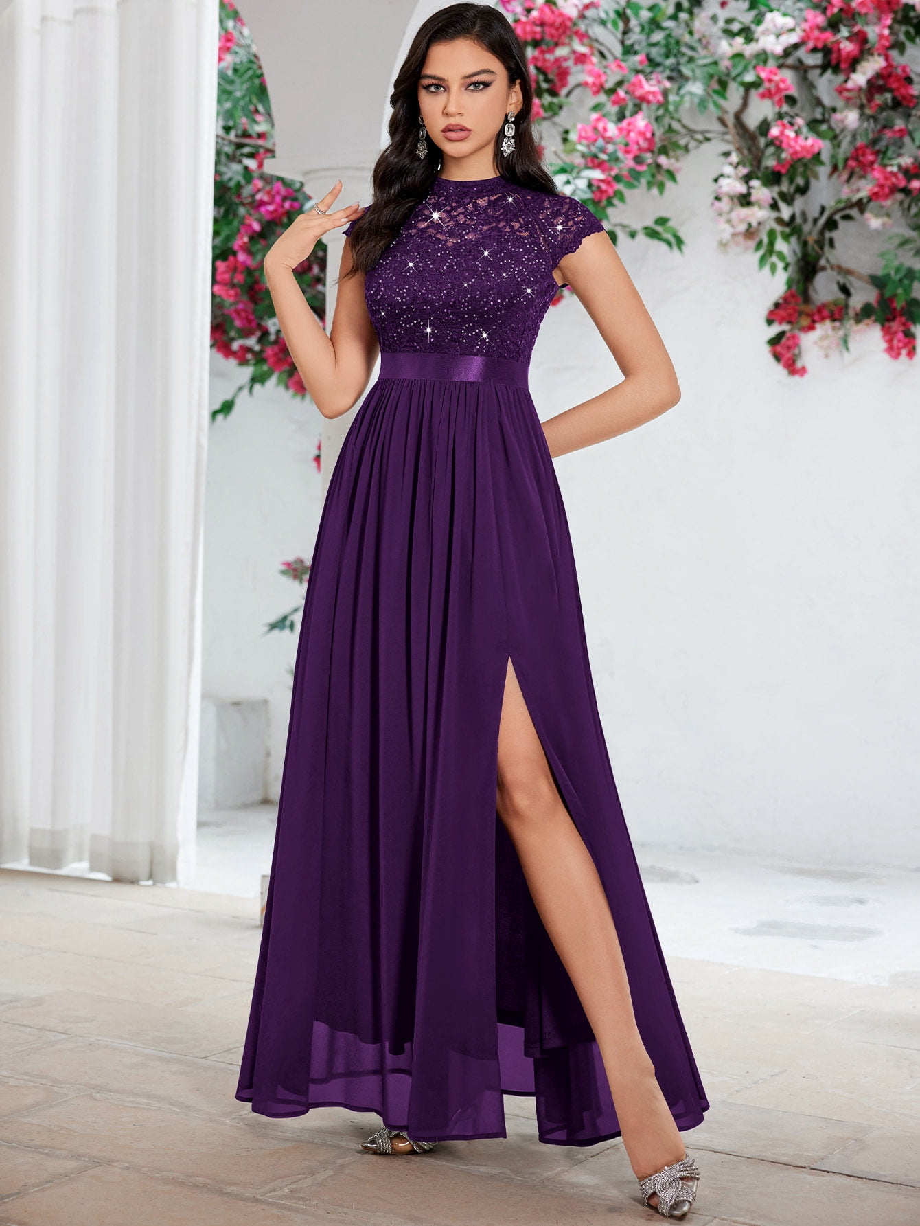 Miusol Women's Elegant Sequin Lace Contrast Chiffon Split Style Evening ...