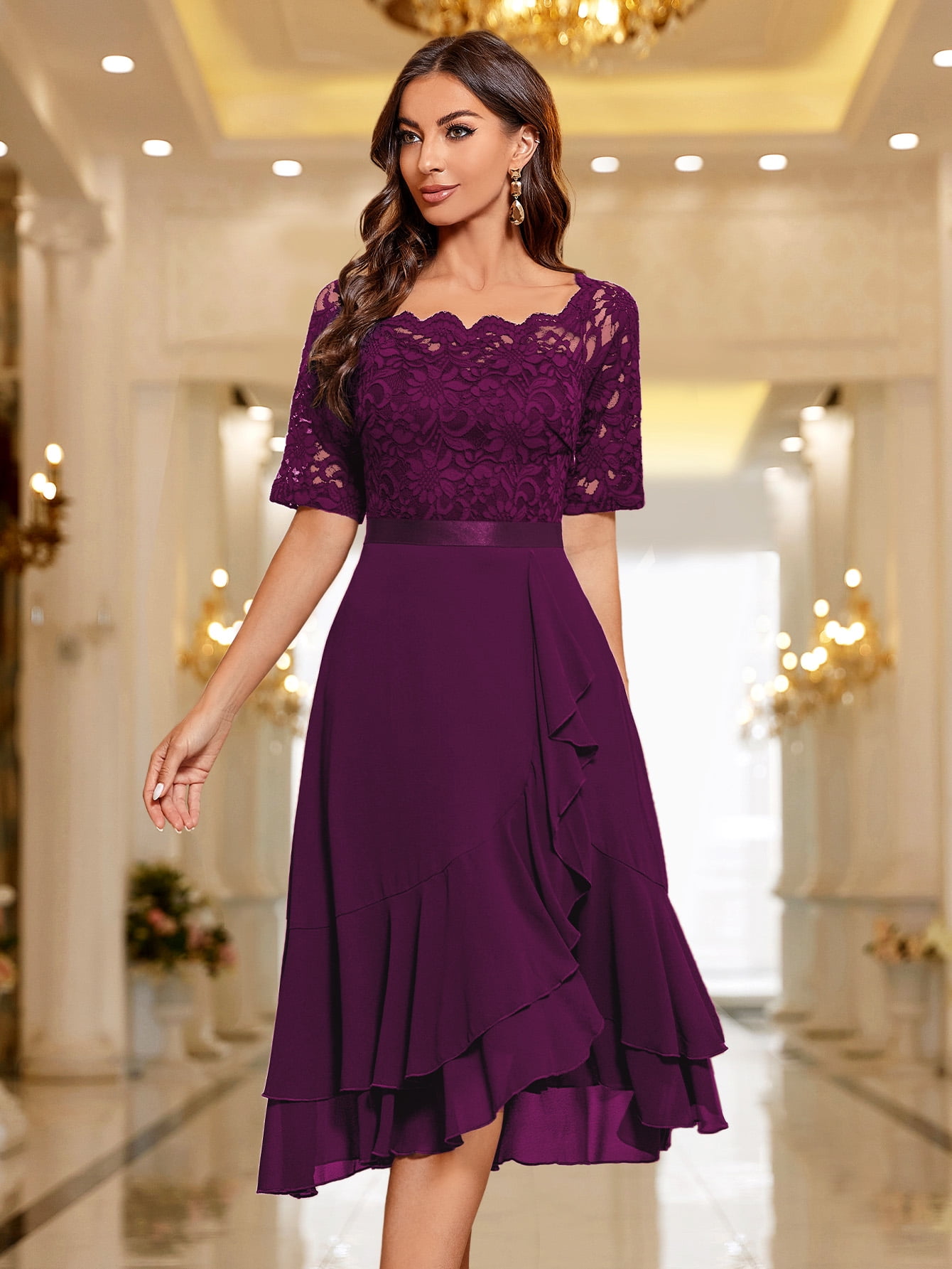 Miusol Women's Floral Lace Boat Neck Cocktail Party Dress with Ruffle ...