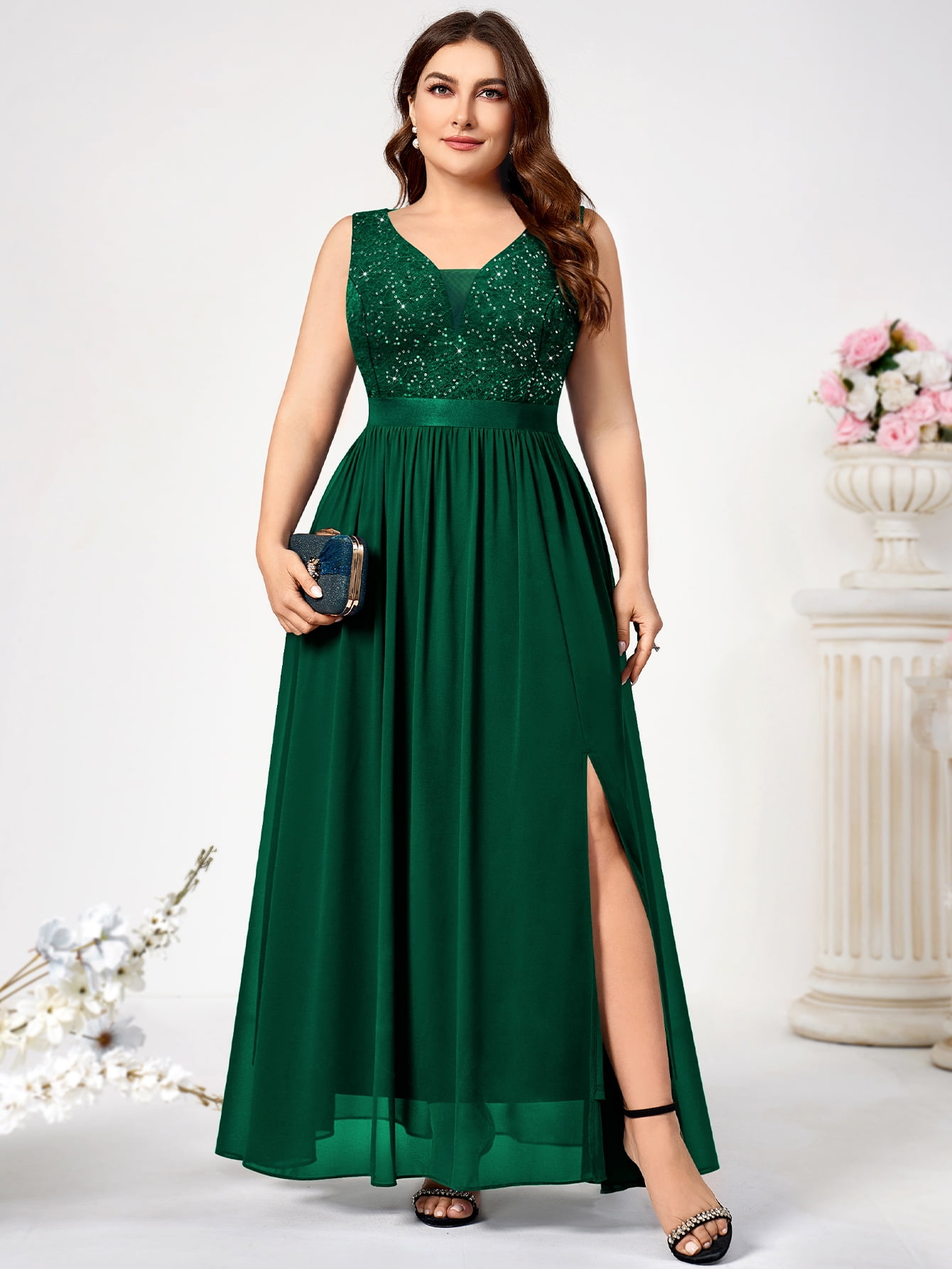 Miusol Women's Plus Size Deep V-Neck Sequin Floral Lace Chiffon Maxi ...