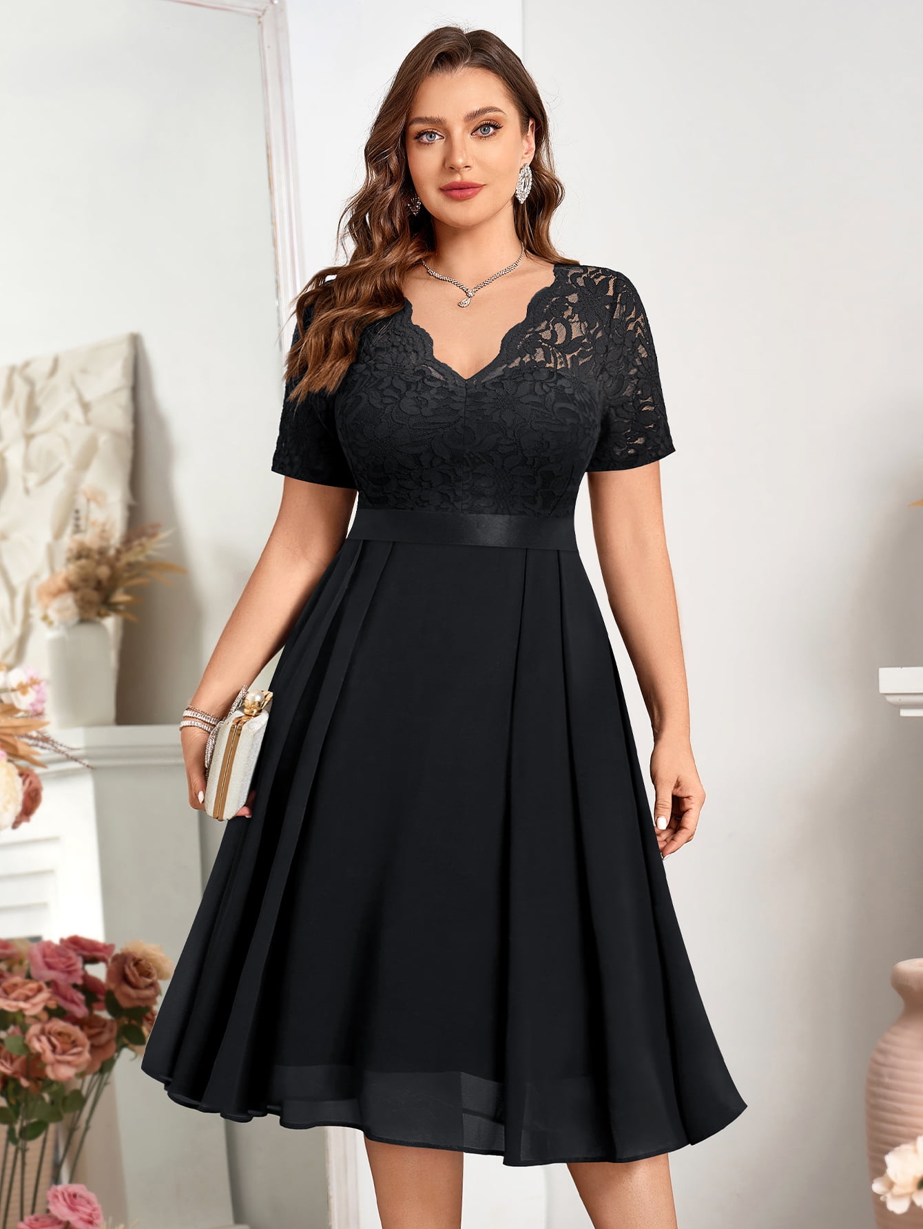 Miusol Women's Plus Size Floral Lace V-Neck Ruffle Trim Chiffon A-Line ...