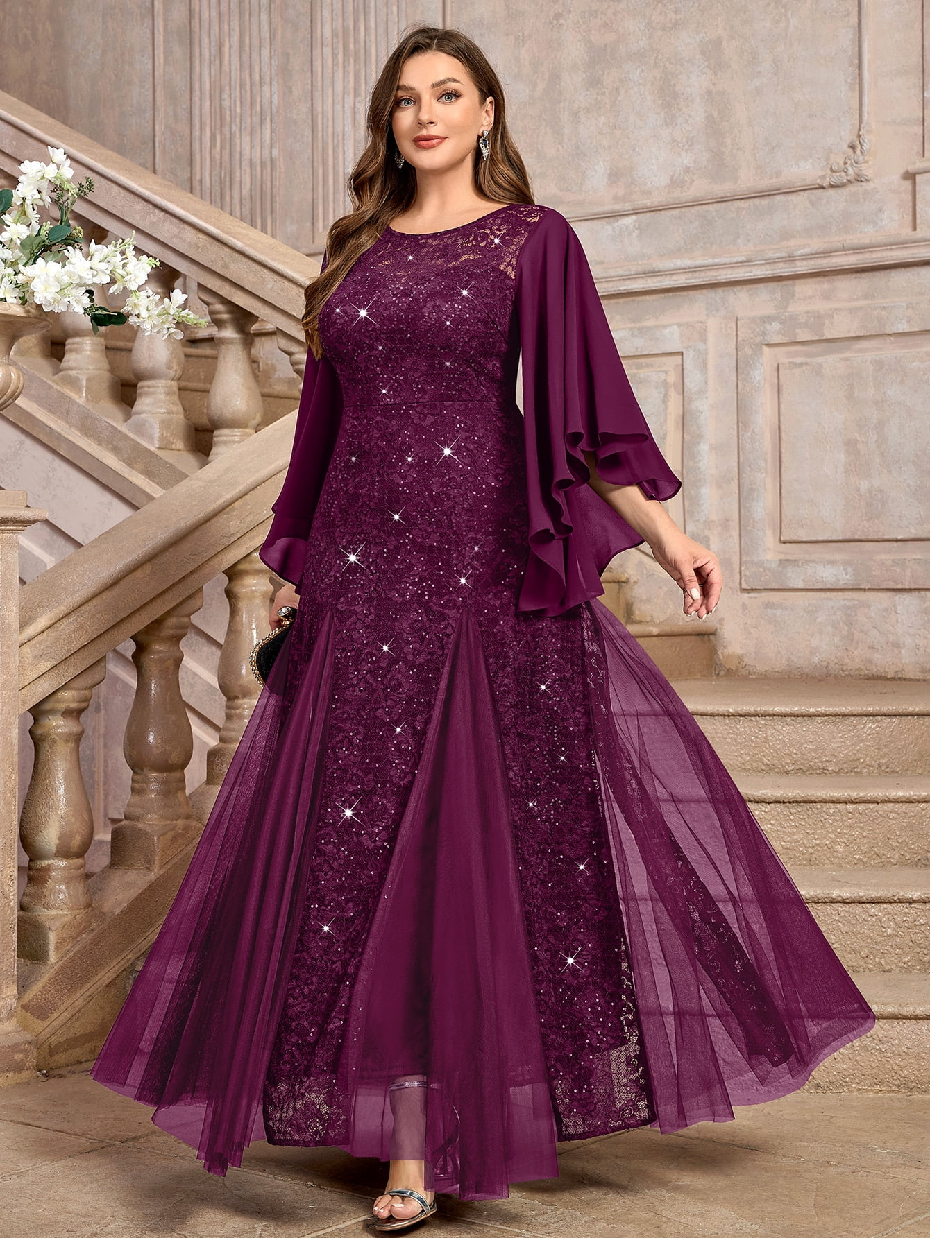 Miusol Women's Plus Size Floral Sequin Lace Mermaid Dress for Weddings ...