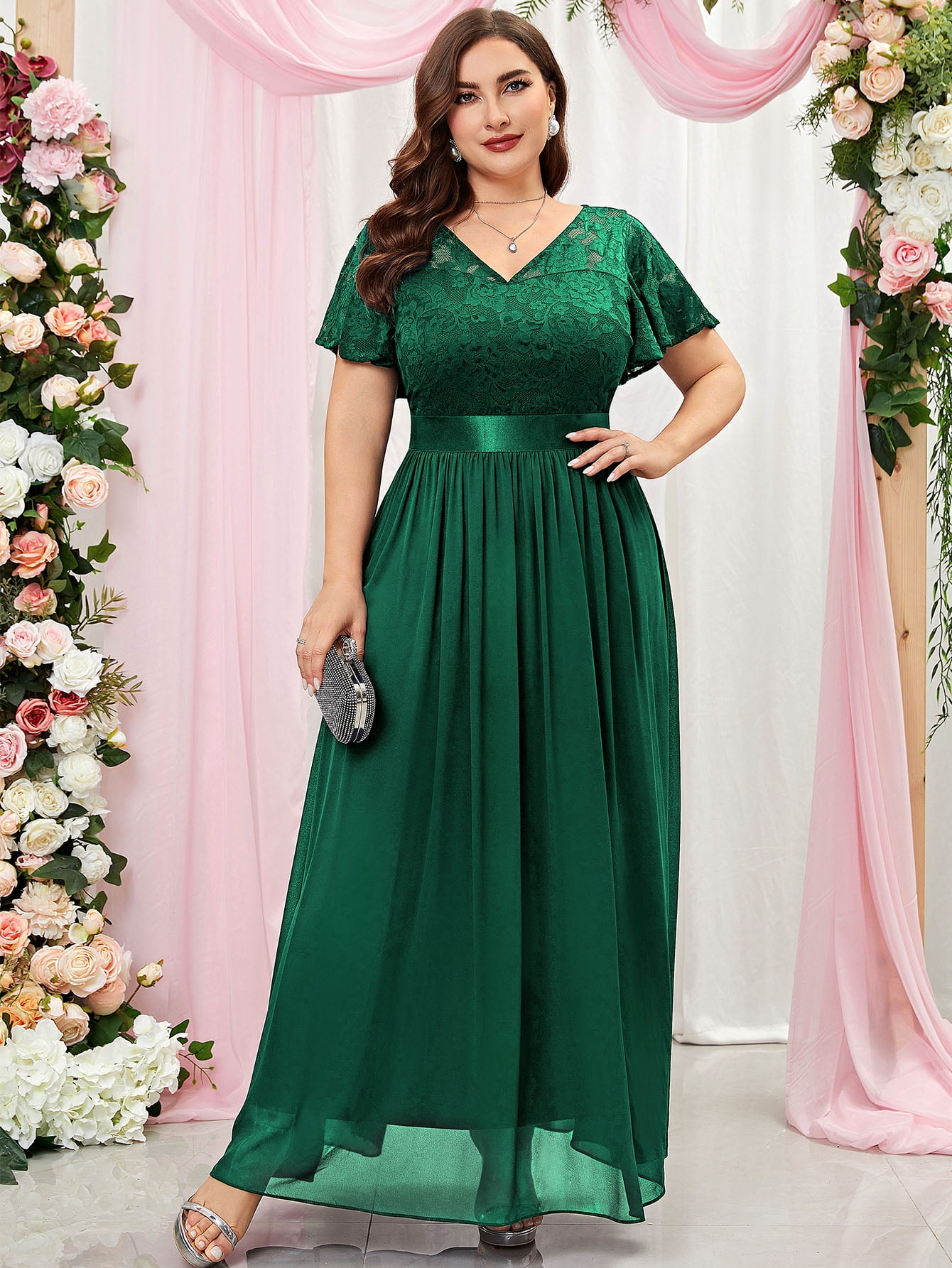 Miusol Women's Plus Size Lace Chiffon Maxi Dress, V-Neck Butterfly ...