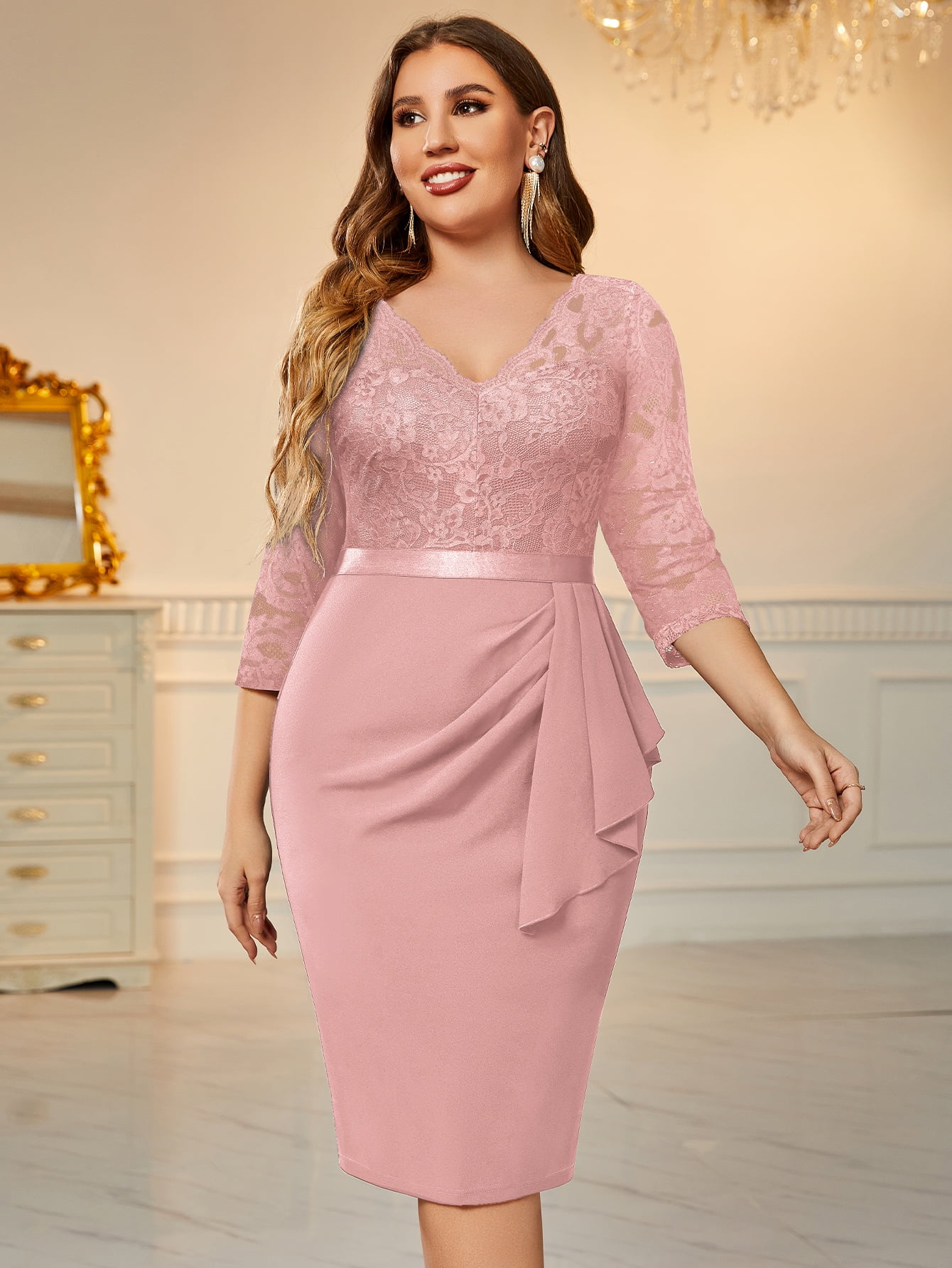 Miusol Women's Plus Size Retro V-Neck Lace Ruffle Bodycon Cocktail ...