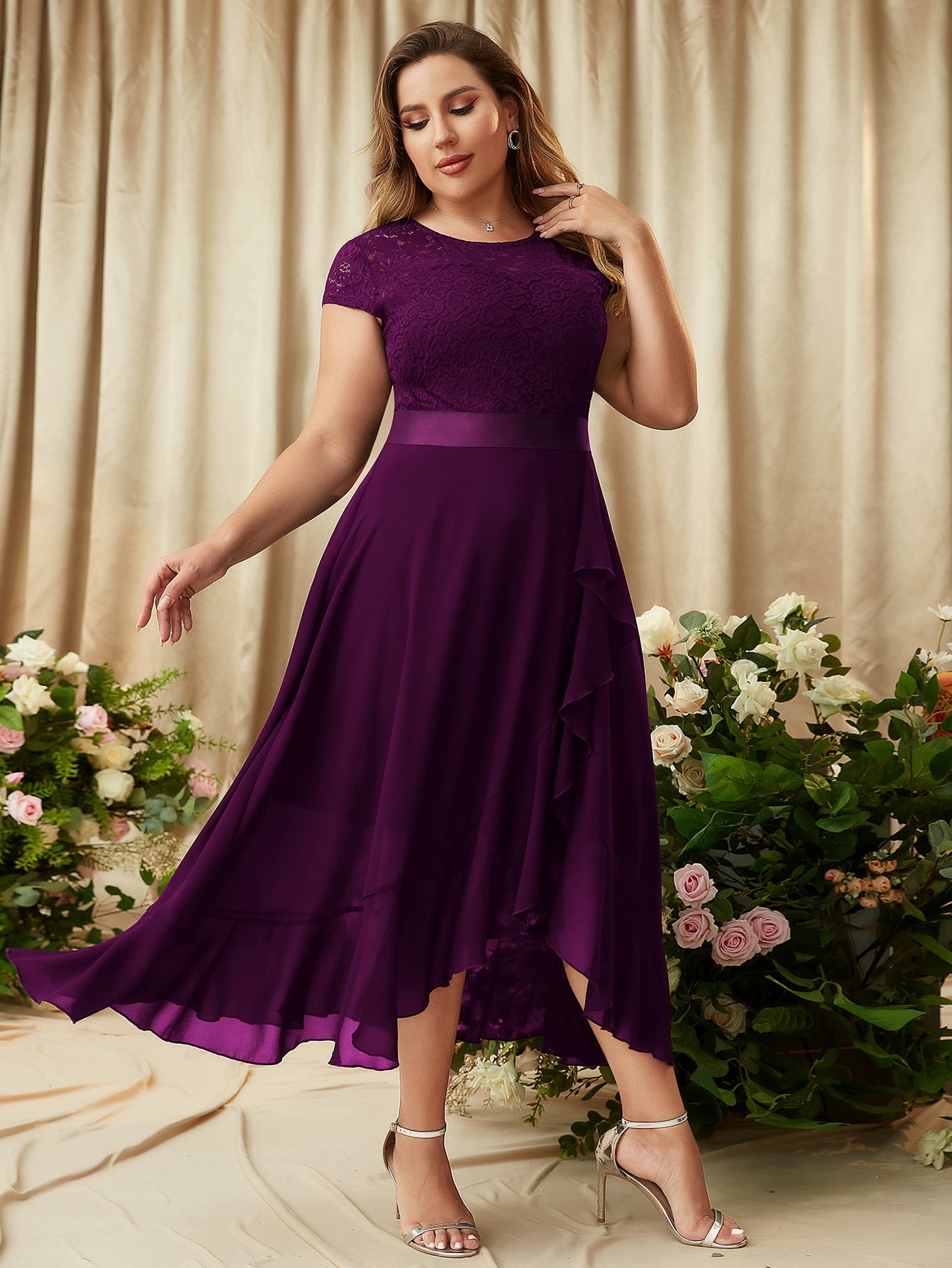 Miusol Women's Plus Size Ruffle Floral Lace Contrast Chiffon Formal ...