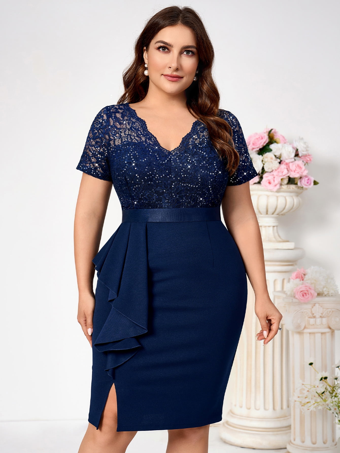 Miusol Women's Plus Size Sequin Lace Bodice V-Neck Ruffle Split Thigh ...