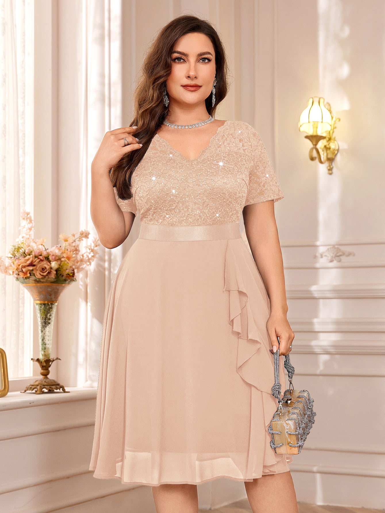 Miusol Women's Plus Size Sequin Lace V-Neck Chiffon Ruffle Trim ...