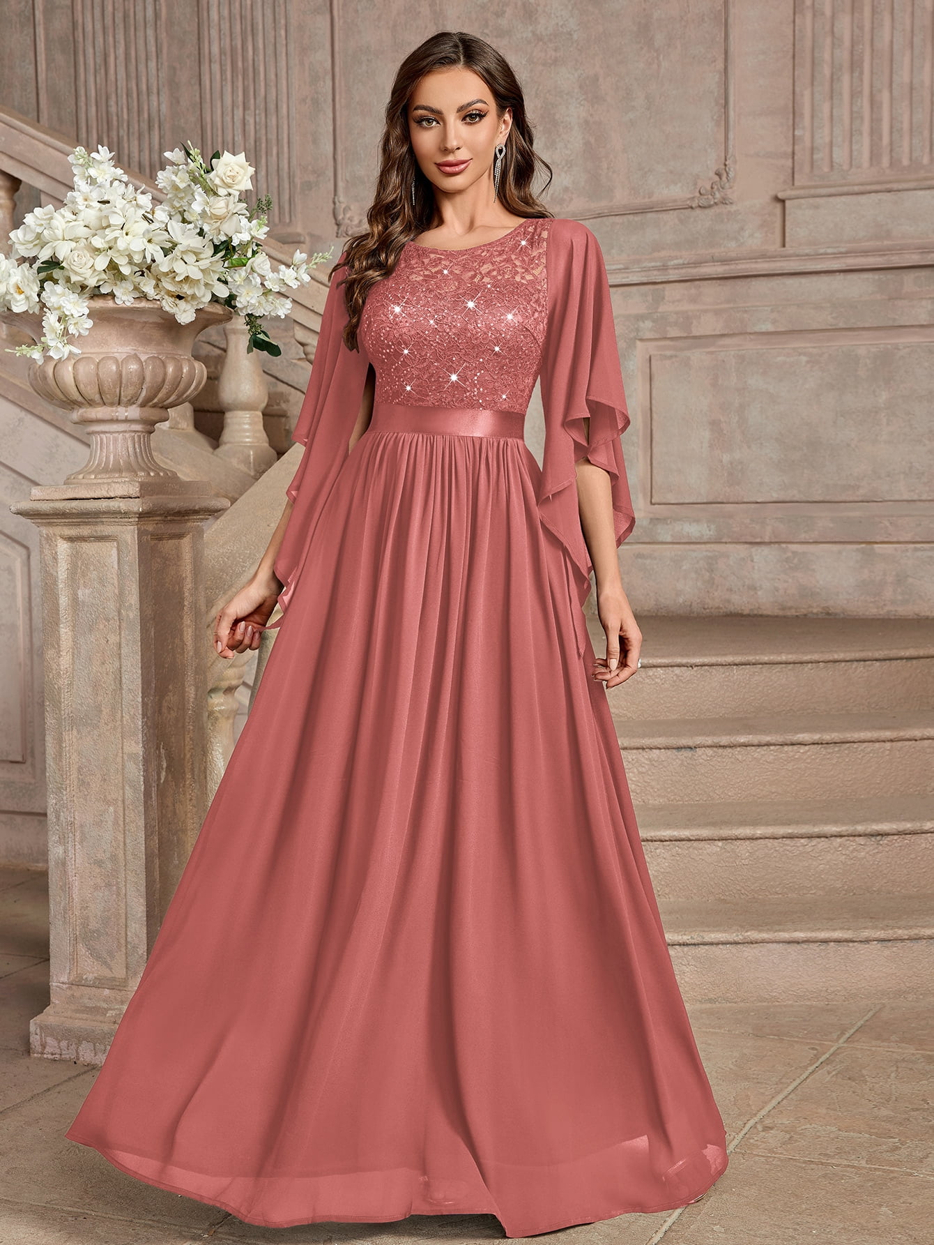 Miusol Women's Sequin Lace Contrast Chiffon Bridesmaid Party Maxi Dress ...