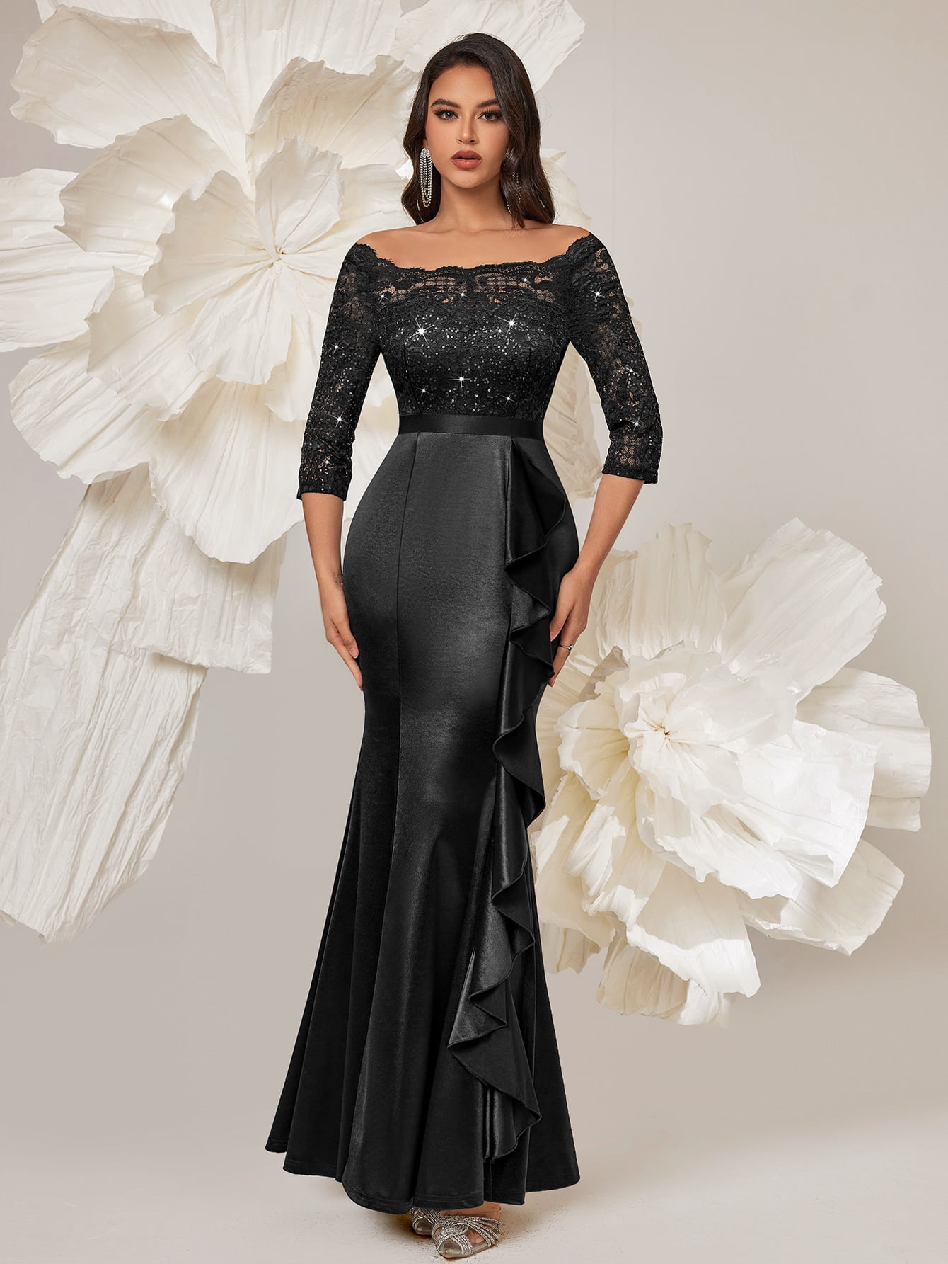 Miusol Women's Sequin Lace Off-Shoulder Ruffle Trim Mermaid Hem Satin ...