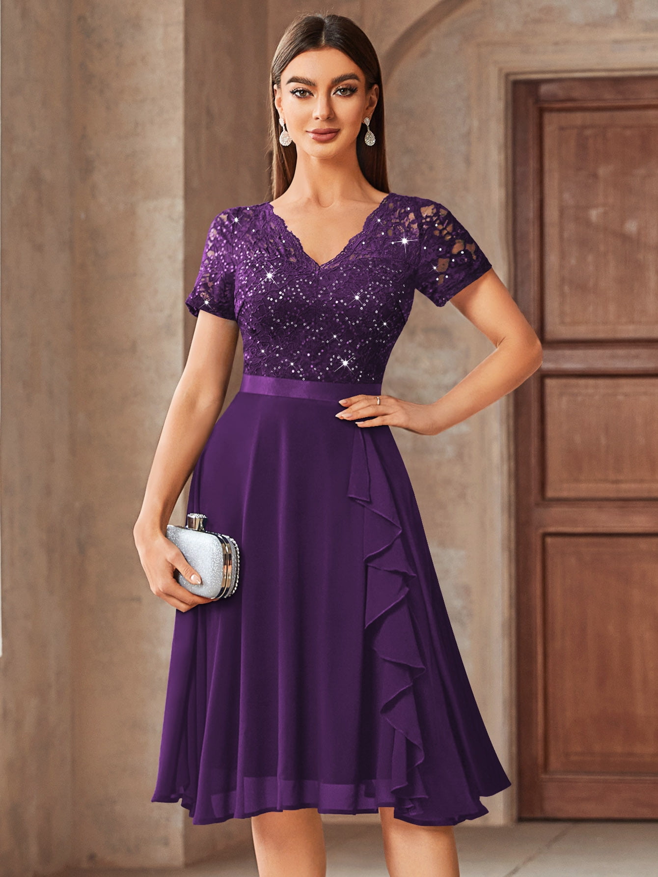 Miusol Women's V-Neck Contrast Lace Sequin Ruffle Trim Chiffon Cocktail ...