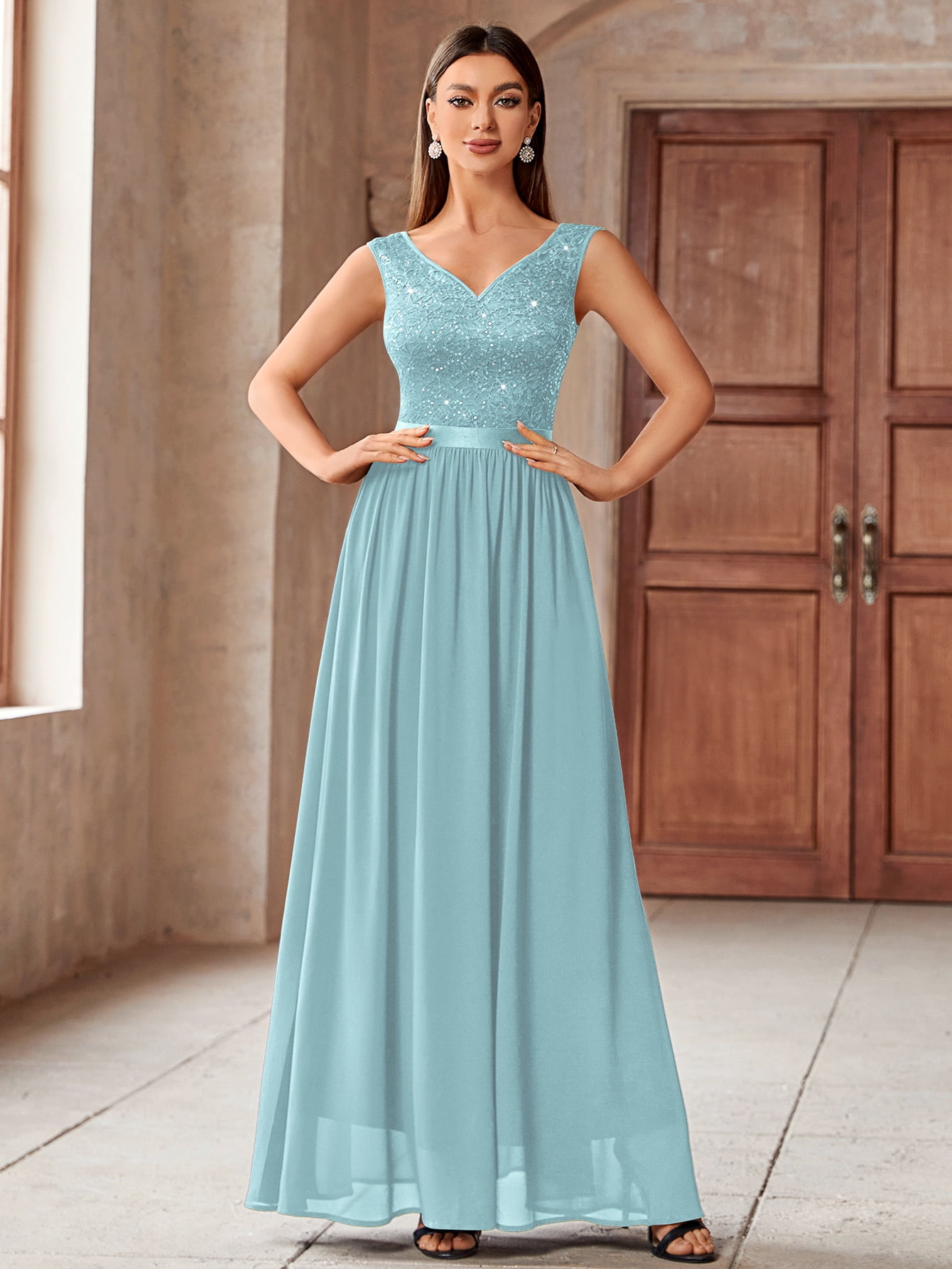 Miusol Women's V-Neck Sequin Floral Lace Chiffon Maxi Formal Dress ...