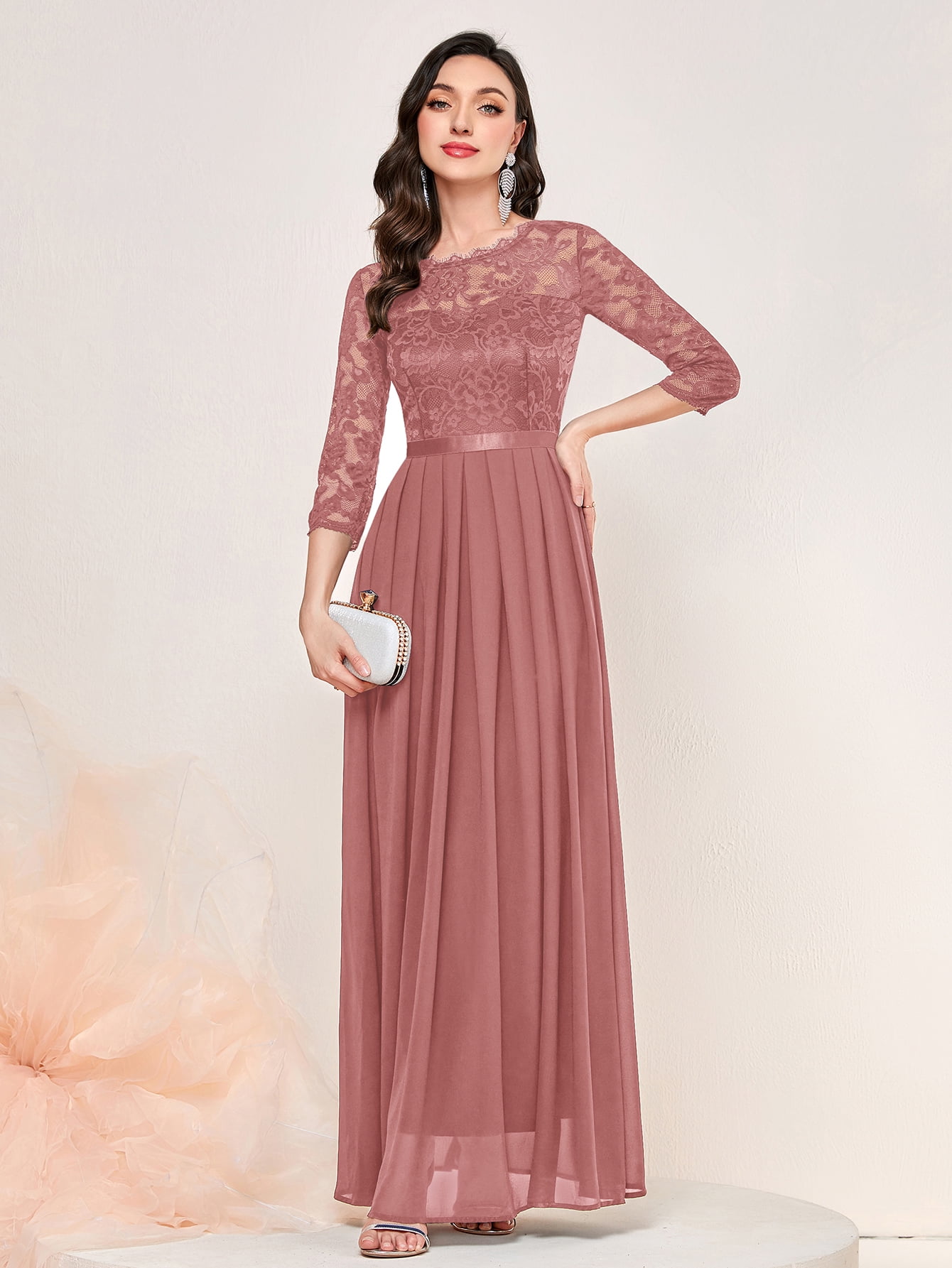 Miusol Women's Floral Lace Bodice Ribbon Waist Pleated Maxi Dress ...