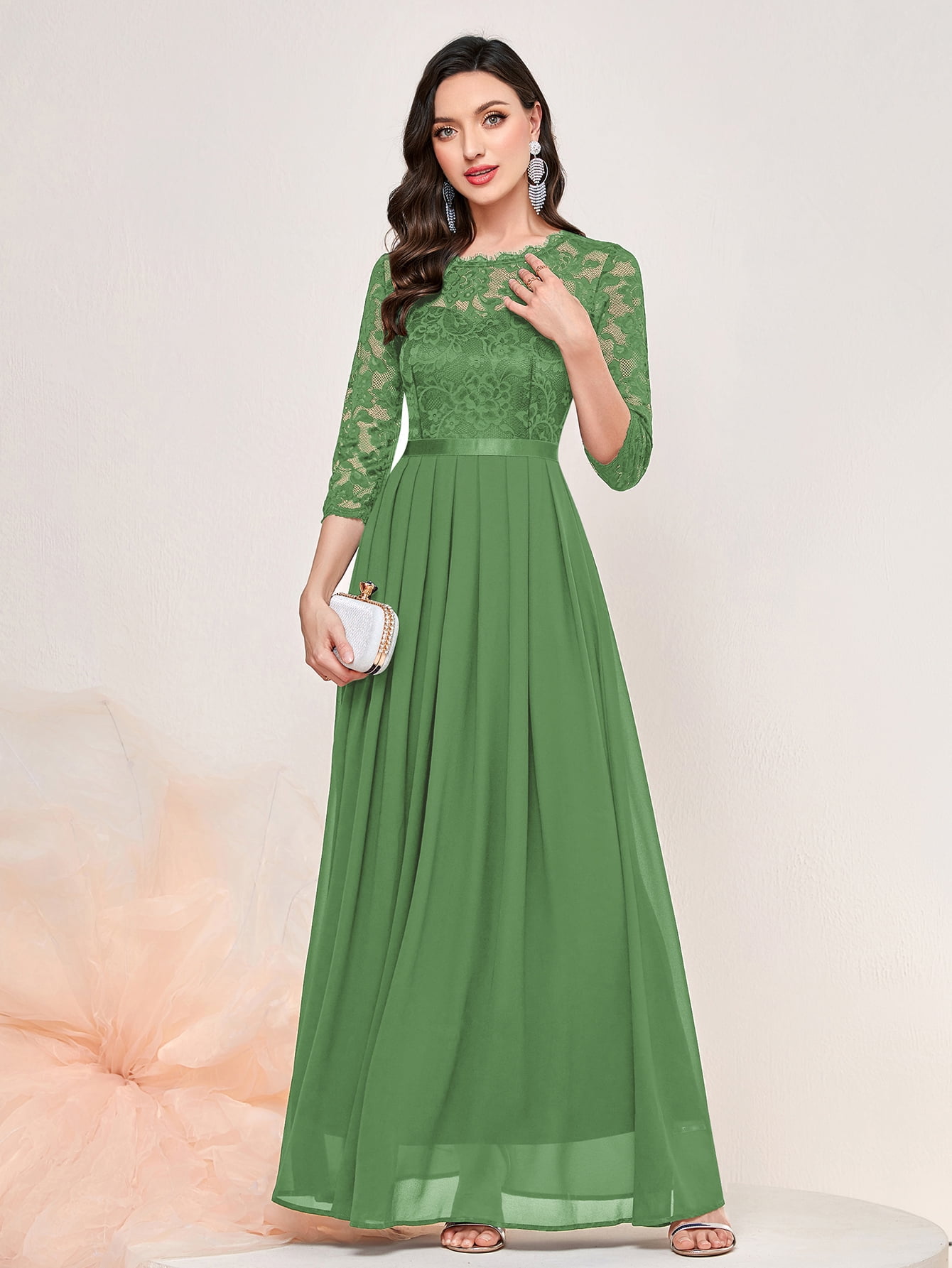 Miusol Women's Floral Lace Bodice Ribbon Waist Pleated Maxi Dress ...