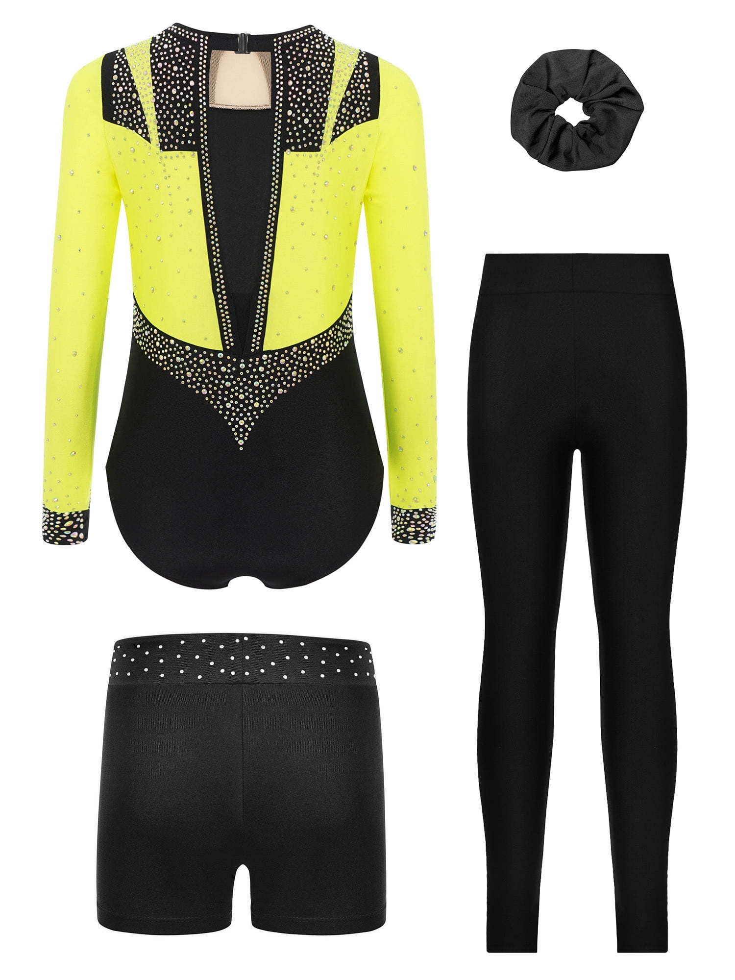 Miutii Girls Long Sleeve Rhinestones Color Block Leotard with Leggings ...