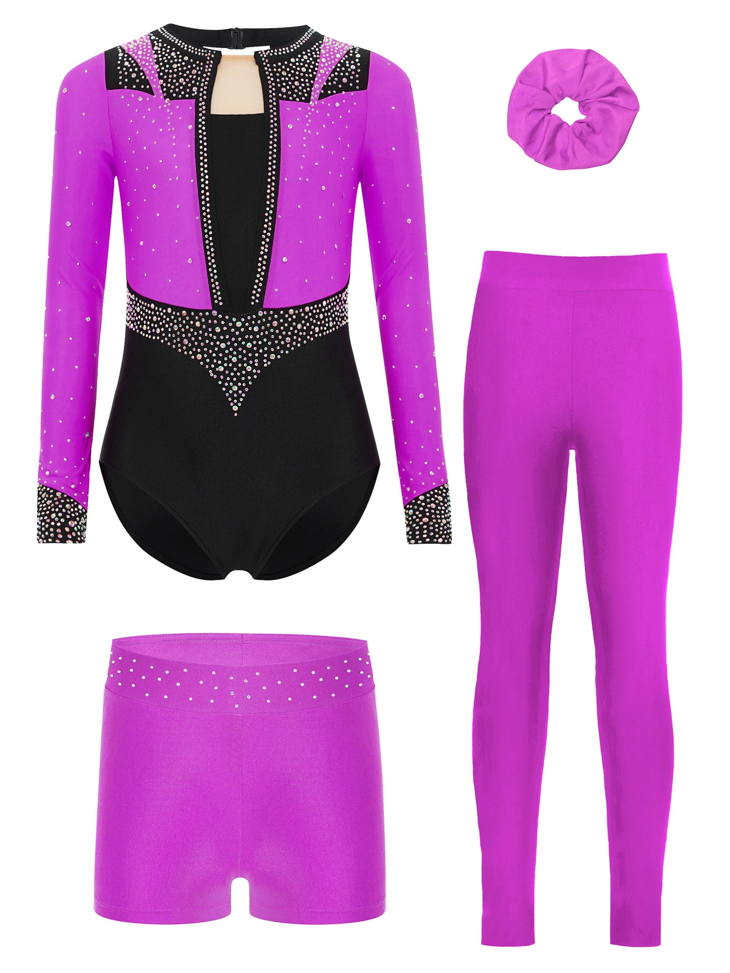 Miutii Girls Long Sleeve Rhinestones Color Block Leotard with Leggings ...
