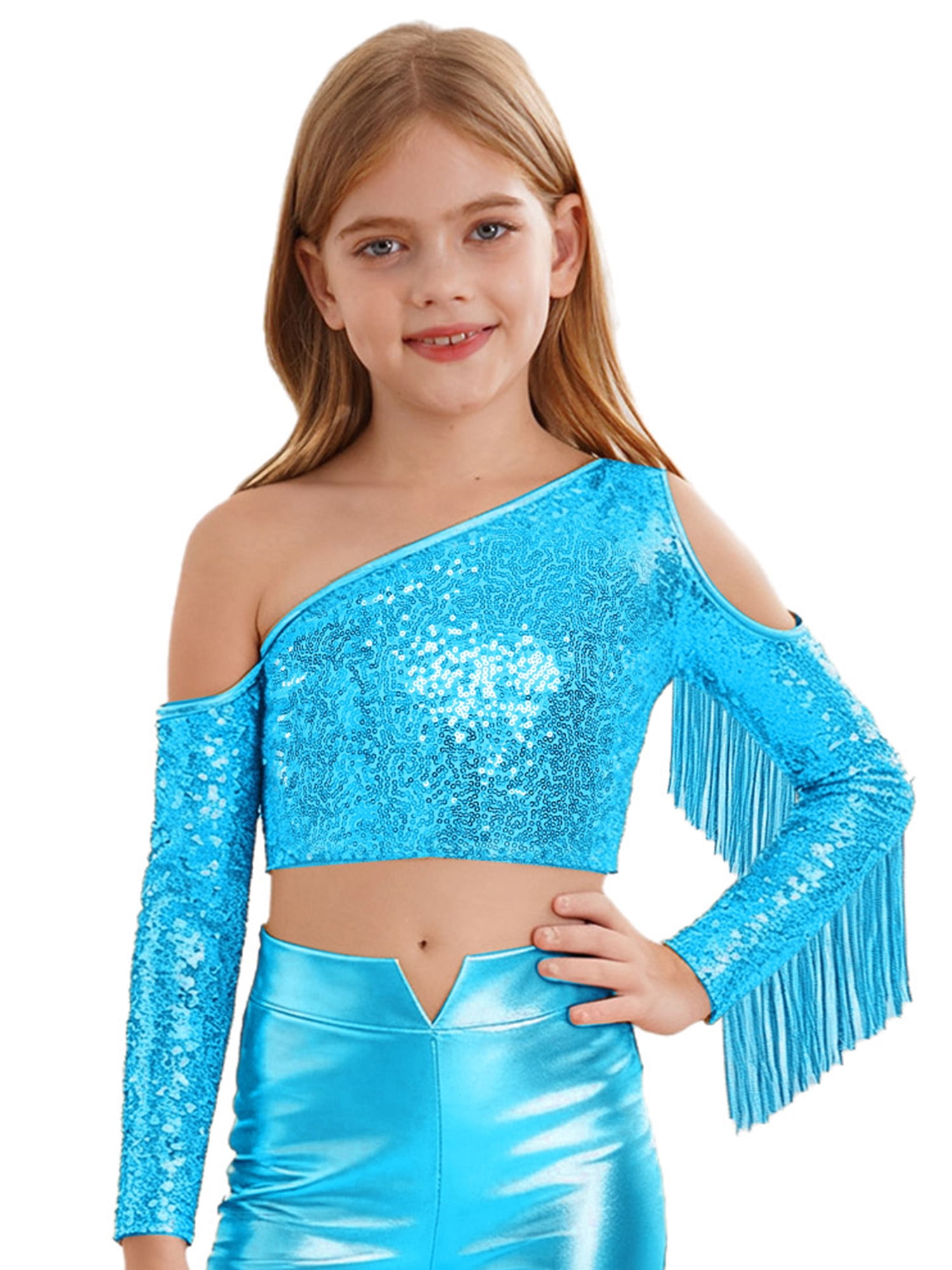 Miutii Girls One-Shoulder Sequins Dance Tops Tassel Sparkle Long Sleeve ...